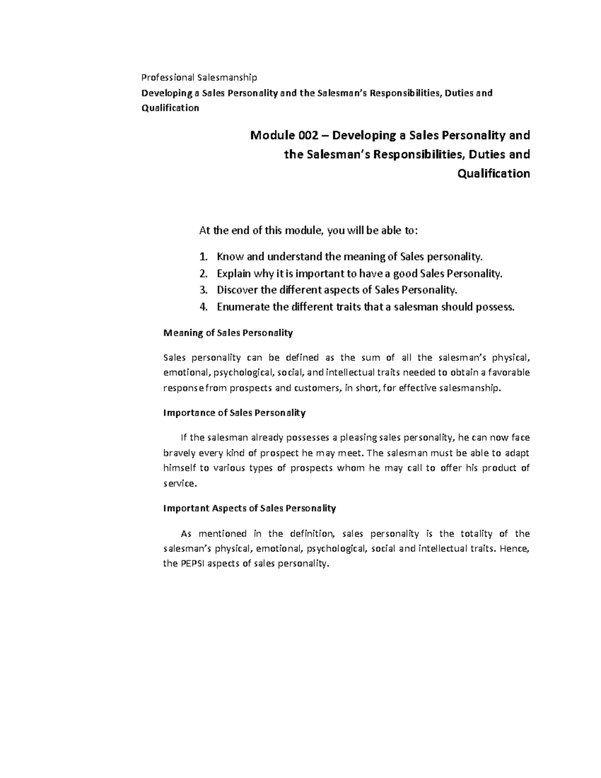 Week 2 - Module 2 Developing a Sales Personality - Professional ...