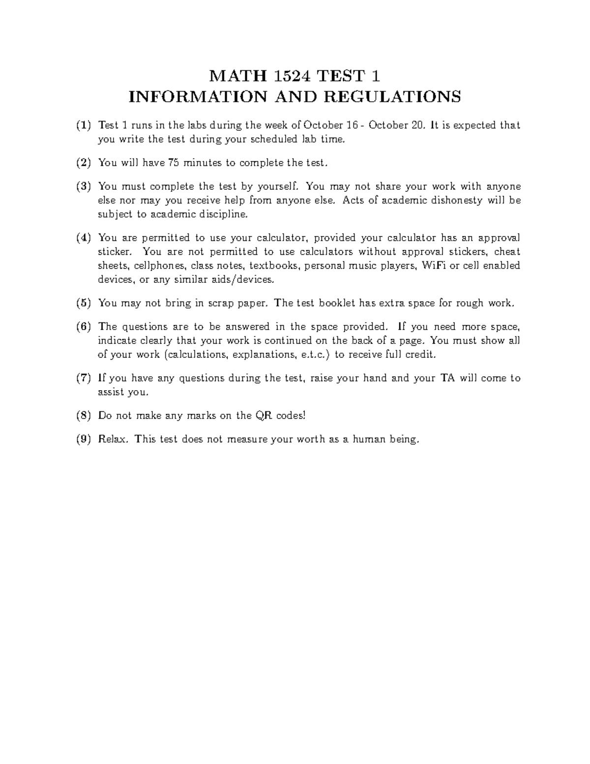 Test 1 Information - Outline for test 1 - MATH 1524 TEST 1 INFORMATION ...