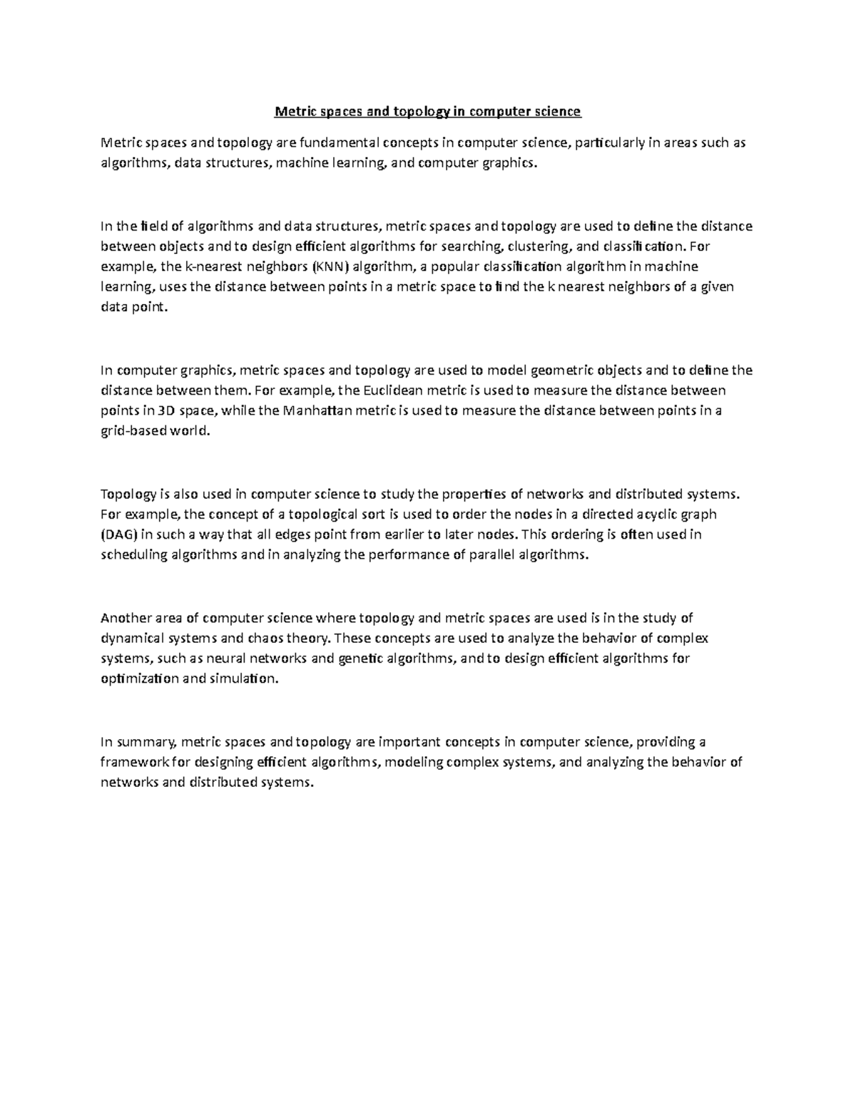 Metric Spaces And Topology In Computer Science In The Field Of Algorithms And Data Structures