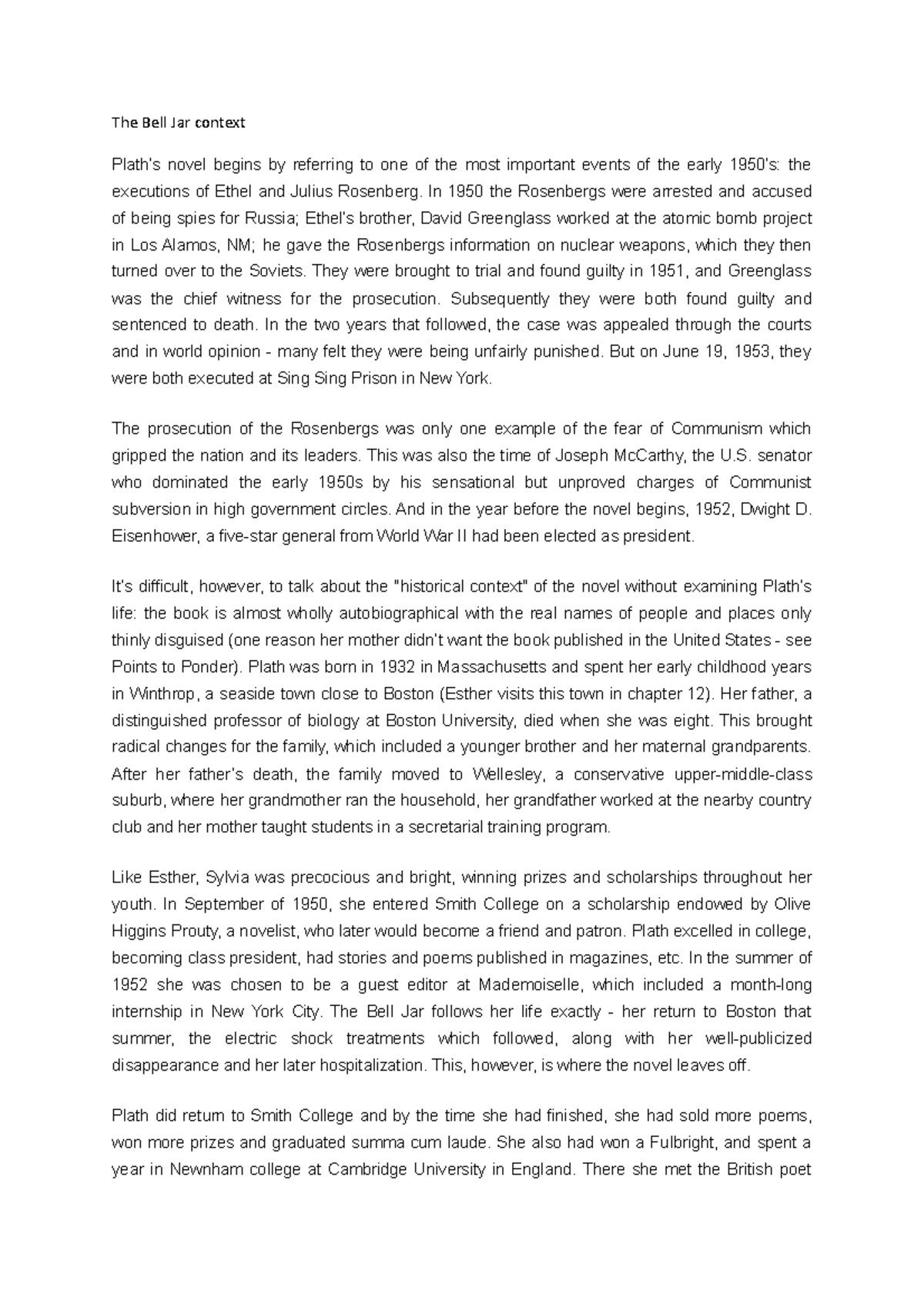 Short story summries and bell jar context - The Bell Jar context Plath ...