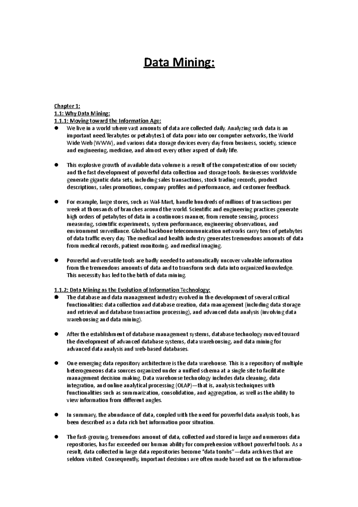 Data Mining Notes Data Mining Chapter 1 1 Why Data Mining 11 Moving Toward The