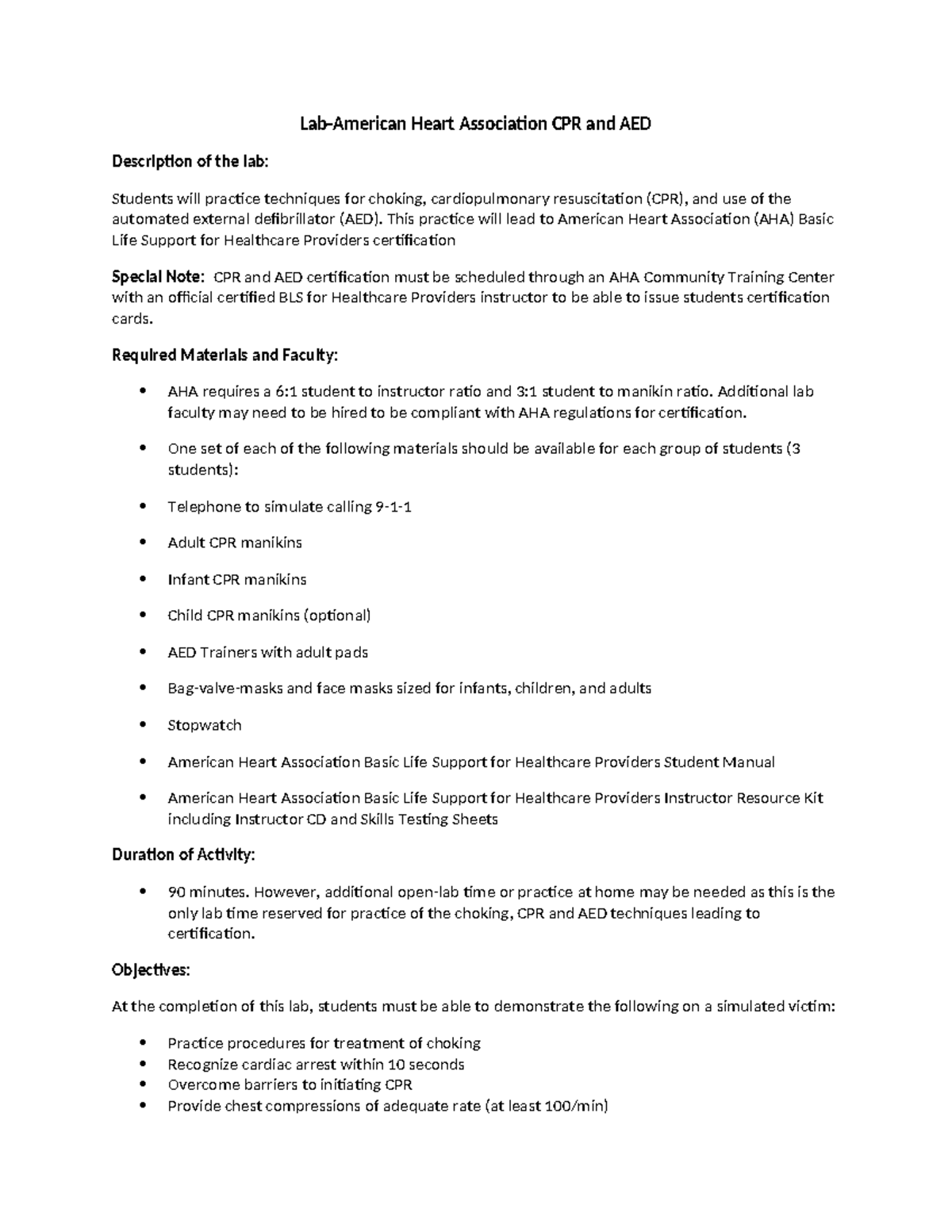 AHP101 Lab AHA CPR and AED - Lab-American Heart Association CPR and AED ...