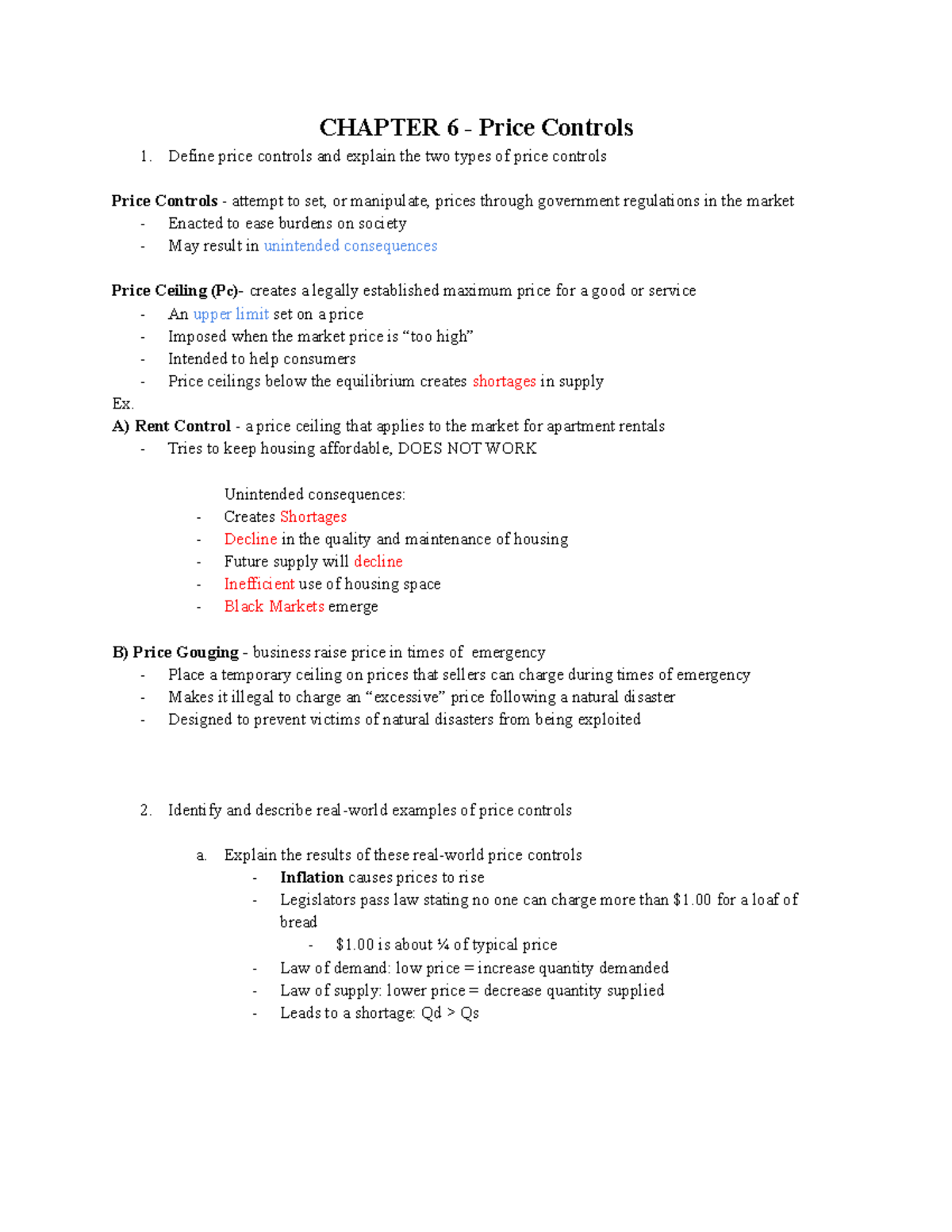 Ch. 6 - CH. 6 notes - Carla Nietfield - CHAPTER 6 - Price Controls ...