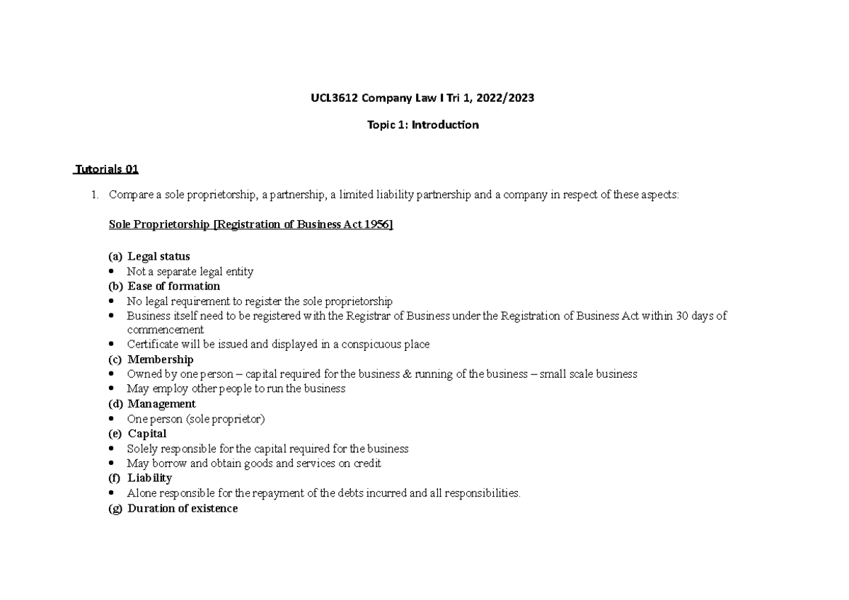 Company Law - Tutorial 1 - UCL3612 Company Law I Tri 1, 2022/ Topic 1 ...