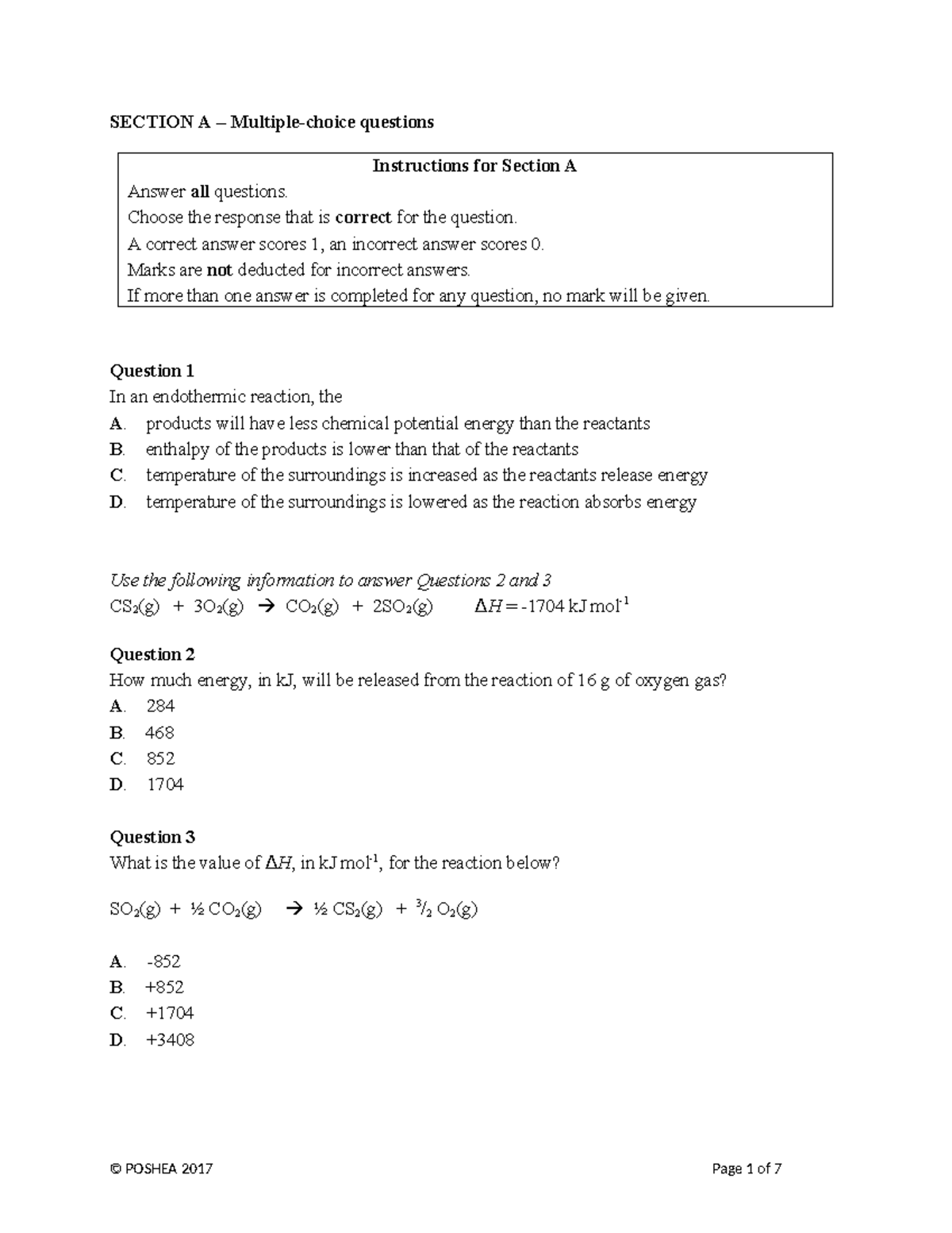 Combustion test unit 3 chem - SECTION A – Multiple-choice questions ...