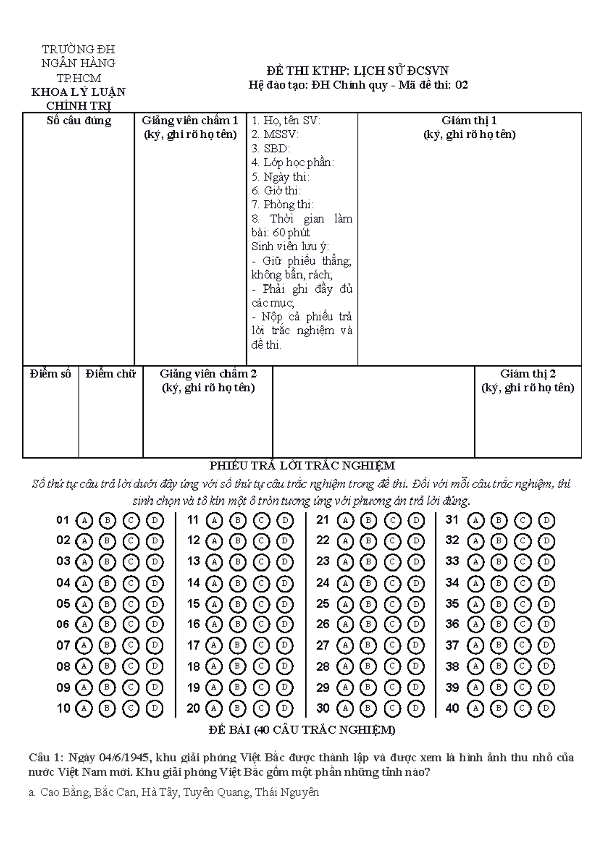 Đề thi LSD mẫu 02 - Đề thi LSD mẫu 01 - TRƯỜNG ĐH NGÂN HÀNG TP KHOA LÝ LUẬN CHÍNH TRỊ ĐỀ THI ...