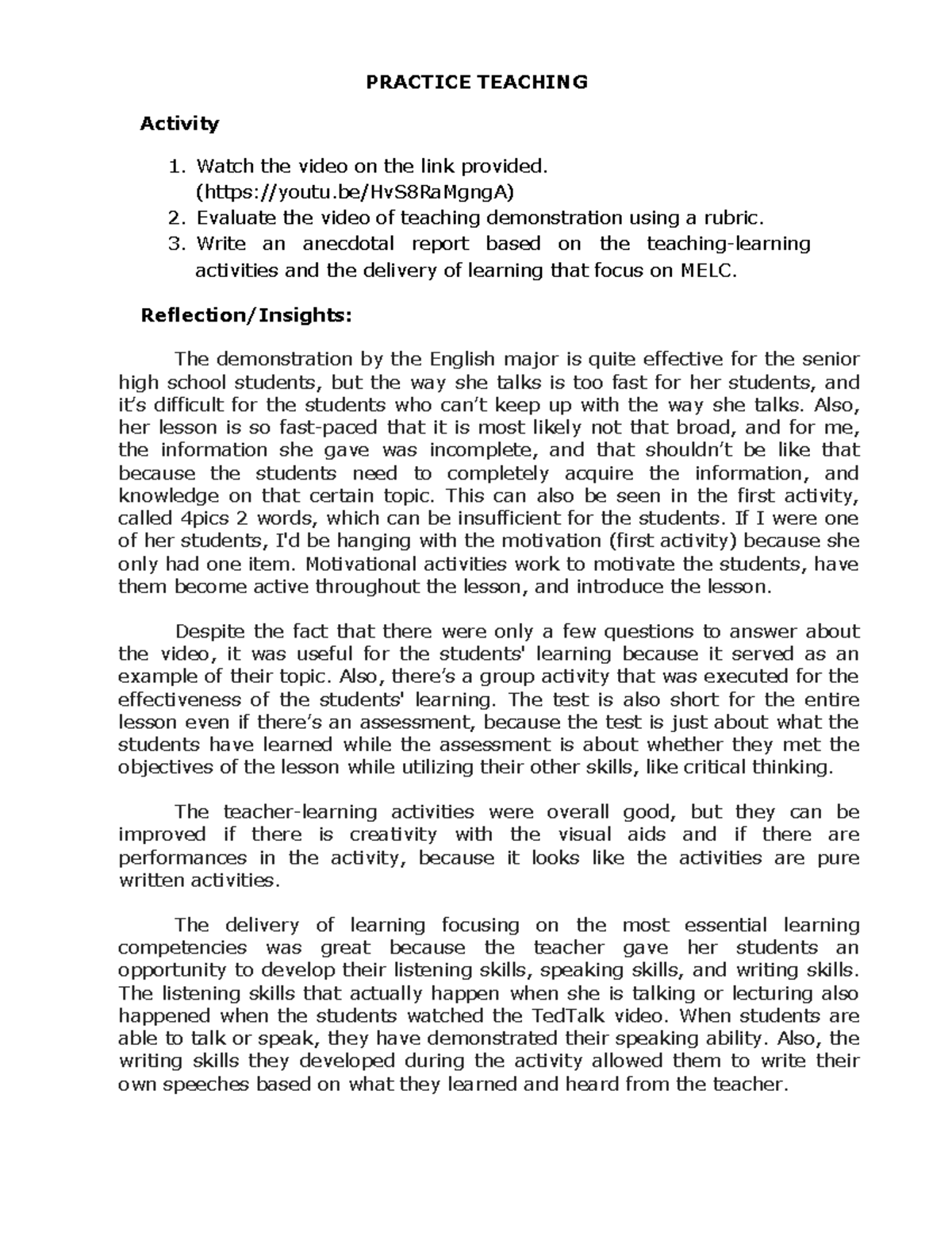 Practice Teaching (teaching demonstration) - PRACTICE TEACHING Activity ...