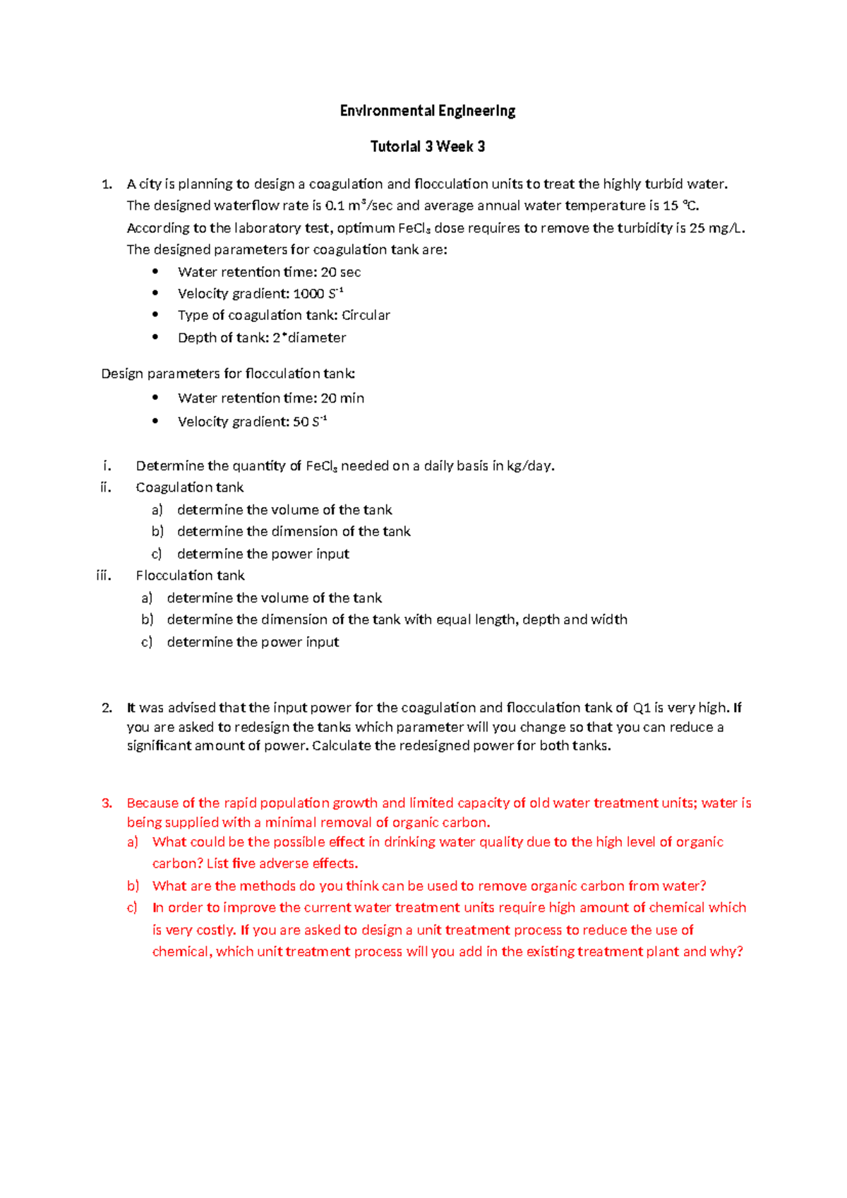 Tutorial Week 3-Coagulation and flocculation - Environmental Engineering Tutorial 3 Week 3 A ...