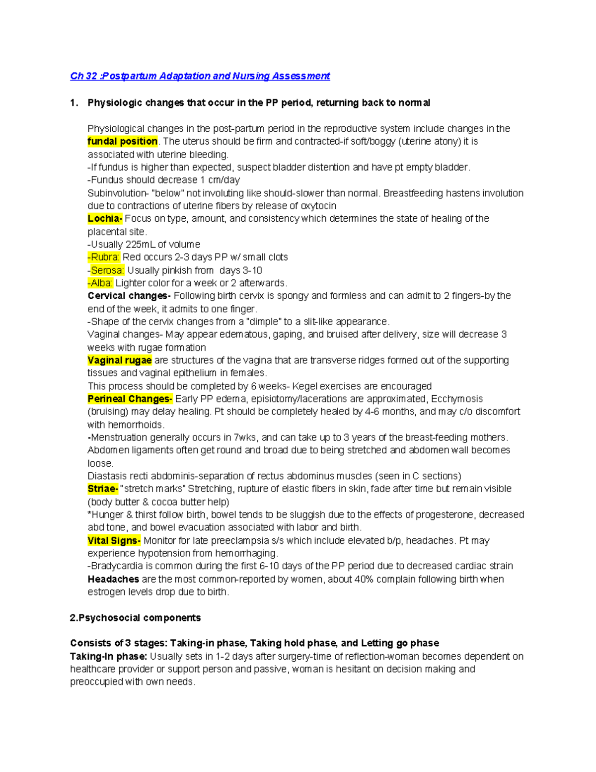 Final-outline-MAT - Nursing notes - Ch 32 :Postpartum Adaptation and ...