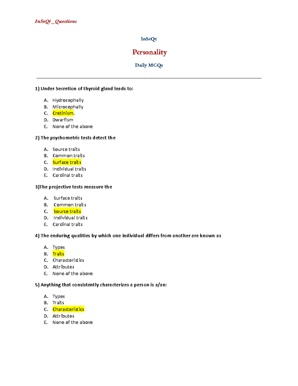 Personality- MCQ-In Se Qt - InSeQt Personality Daily MCQs 1) Under ...