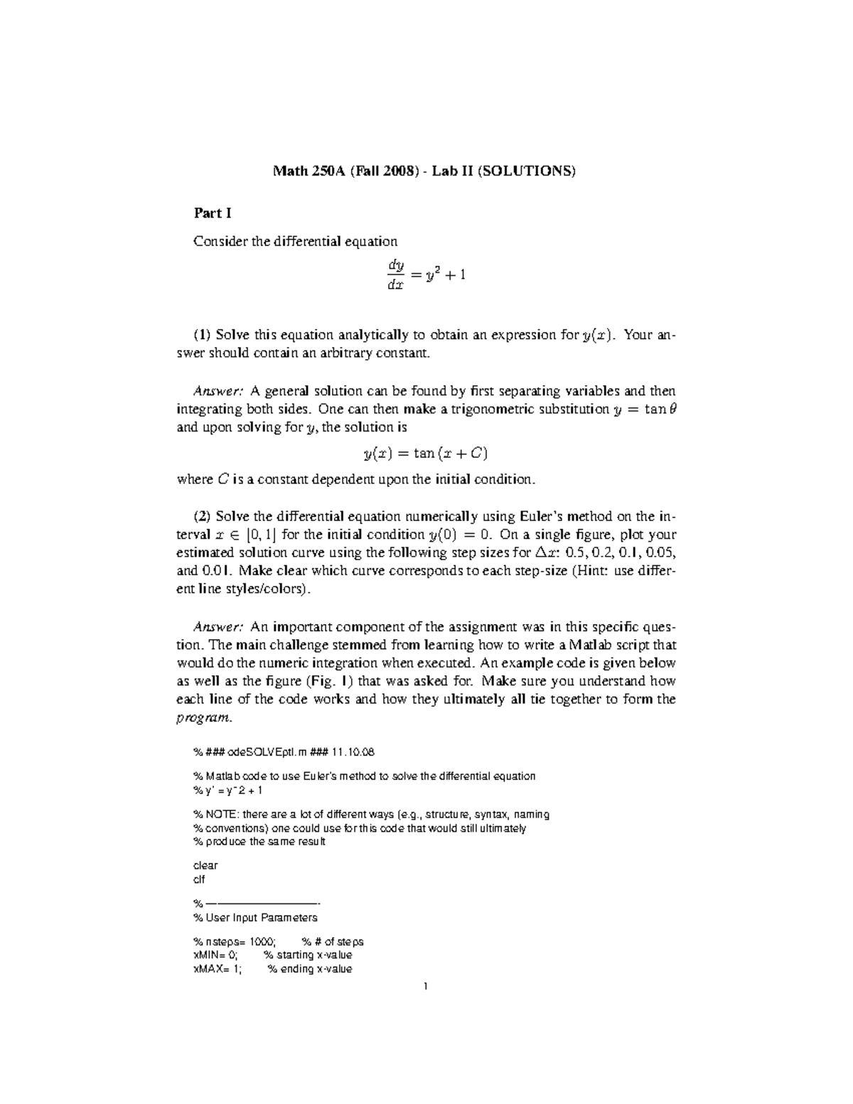 Lab2Sols - Solutions to lab 2 - Math 250A (Fall 2008) Lab II (SOLUTIONS ...