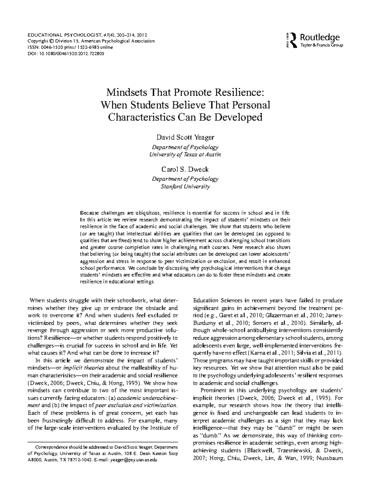 Growth Mindset - article - EDUCATIONAL PSYCHOLOGIST, 47 (4), 302–314 ...