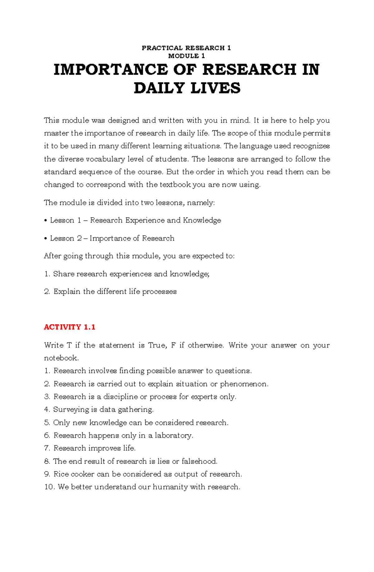 Module 1 Importance OF Research IN Daily Lives Session 1 1 - PRACTICAL ...