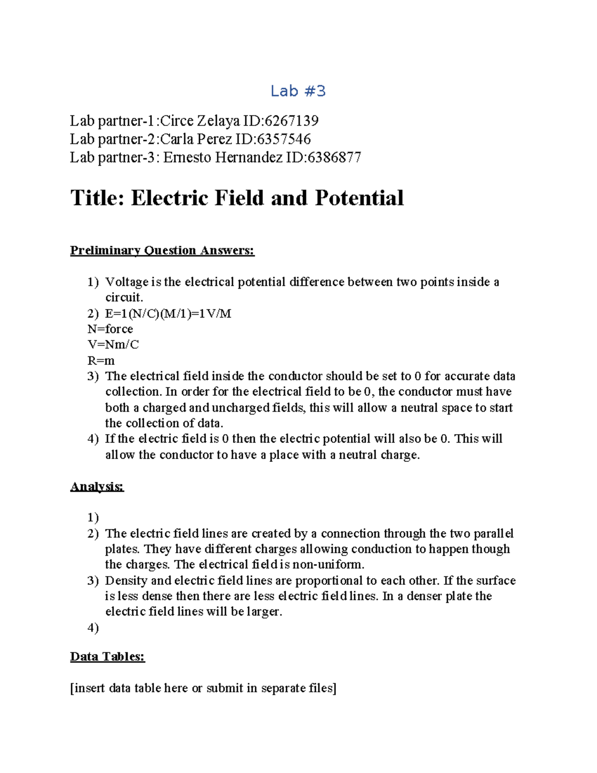 Lab #3 electric field and potential - Lab Lab partner-1:Circe Zelaya ID ...
