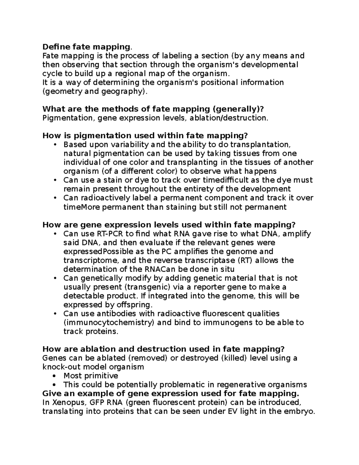 Embryology (BIO-222-001) - Define fate mapping. Fate mapping is the ...