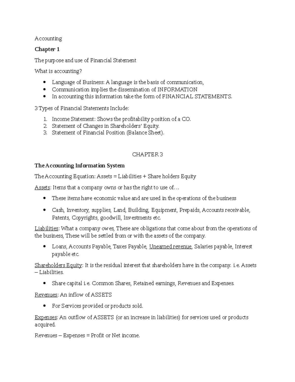 Accounting notes-1 - Accounting Chapter 1 The purpose and use of ...