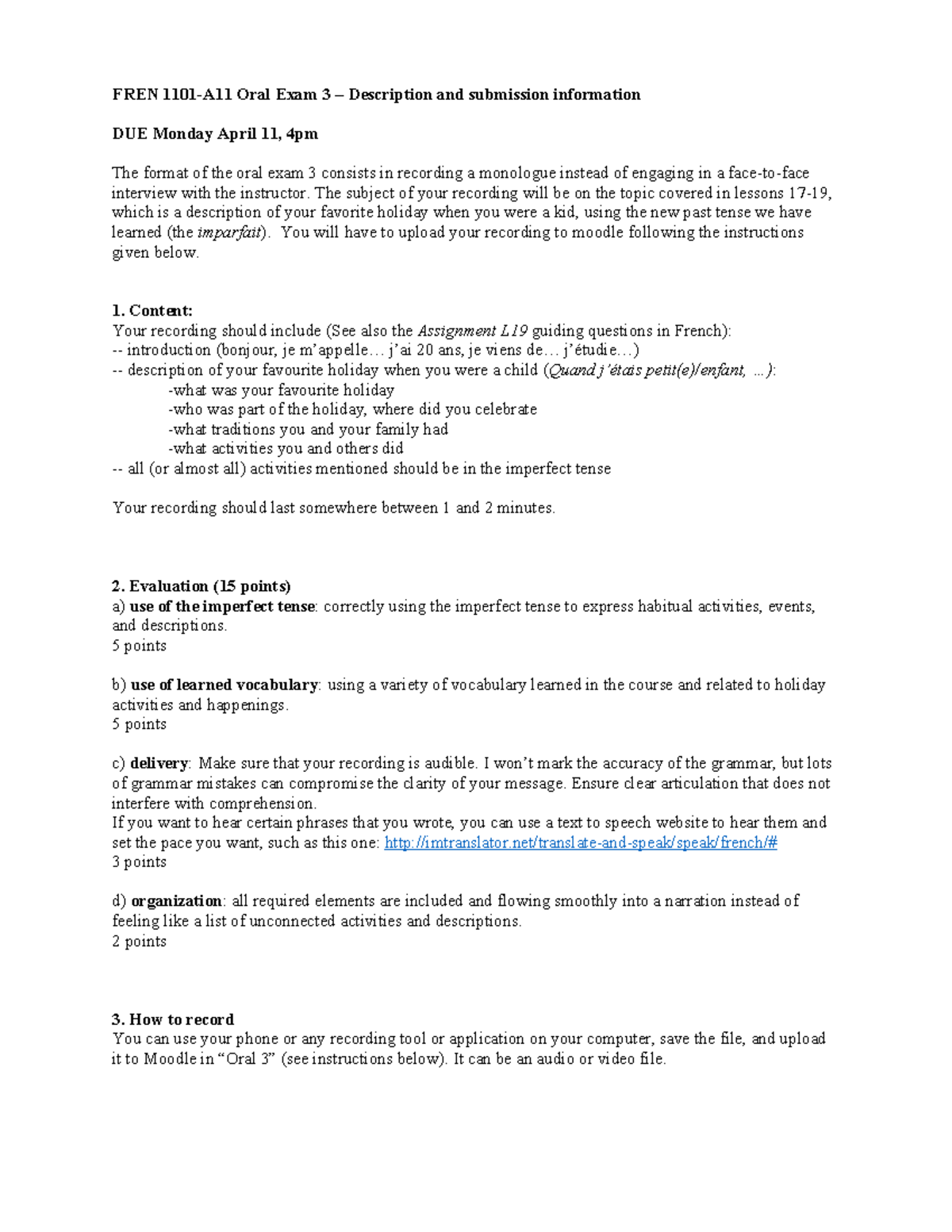 FREN 1101 A11 Oral Exam 3-Description - FREN 1101-A11 Oral Exam 3 ...
