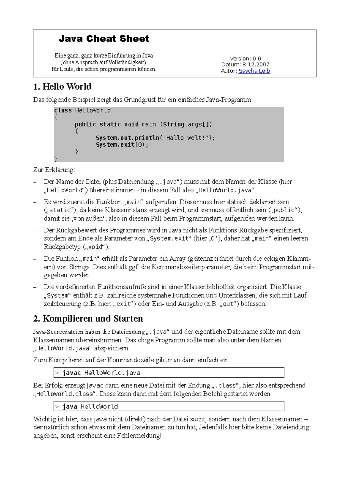 Java Cheat Sheet - Java Cheat Sheet Eine ganz, ganz kurze Einführung in ...