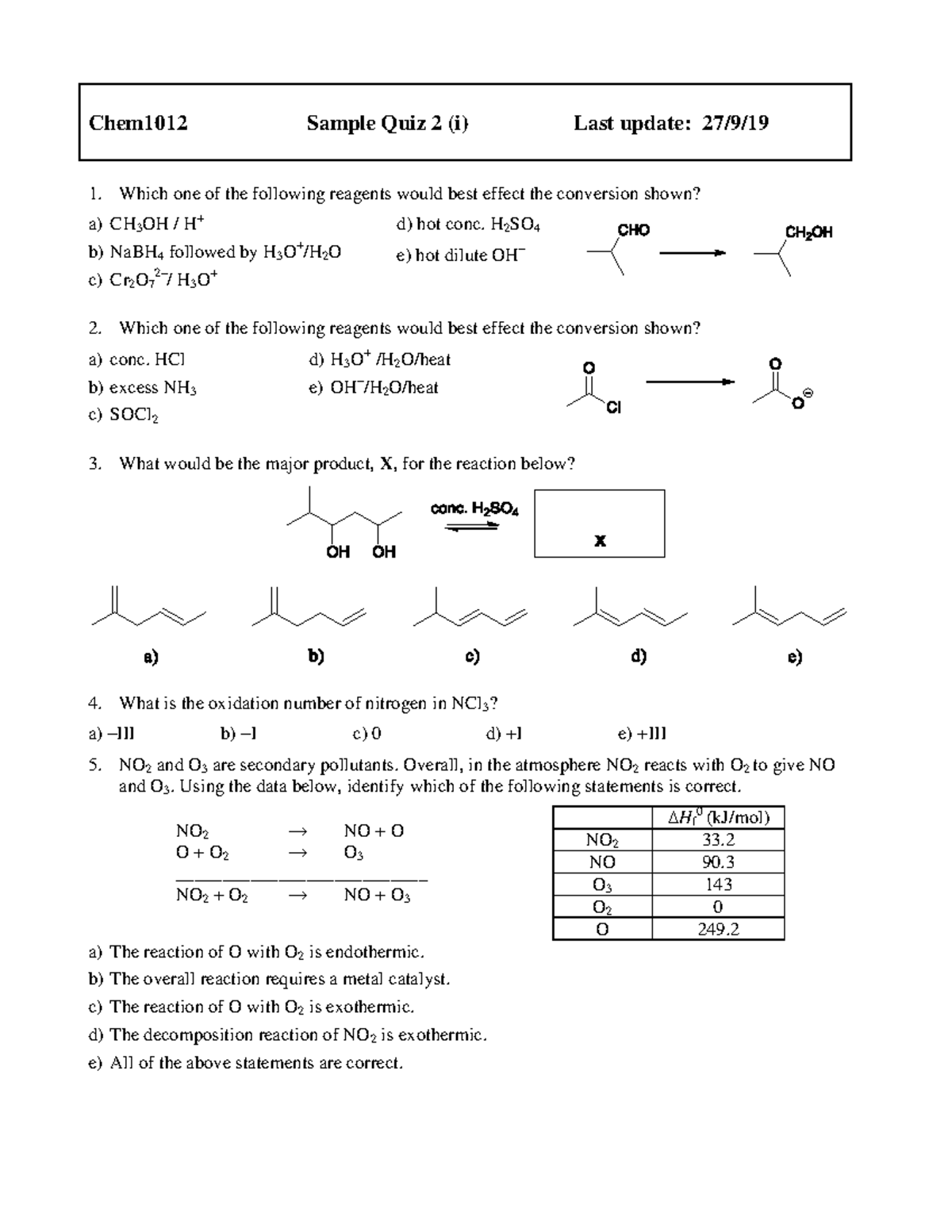 Quiz 6 July 2019, questions and answers - Chem1012 Sample Quiz 2 (i ...