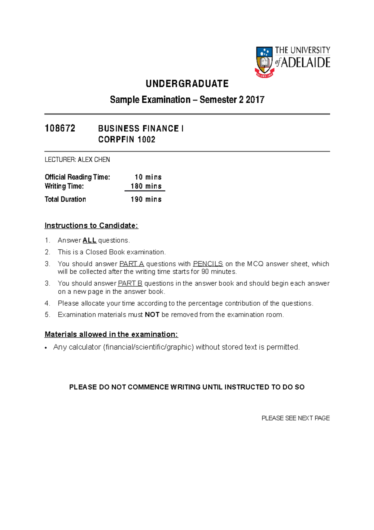 Test Exam October 2017, questions - UNDERGRADUATE Sample Examination ...