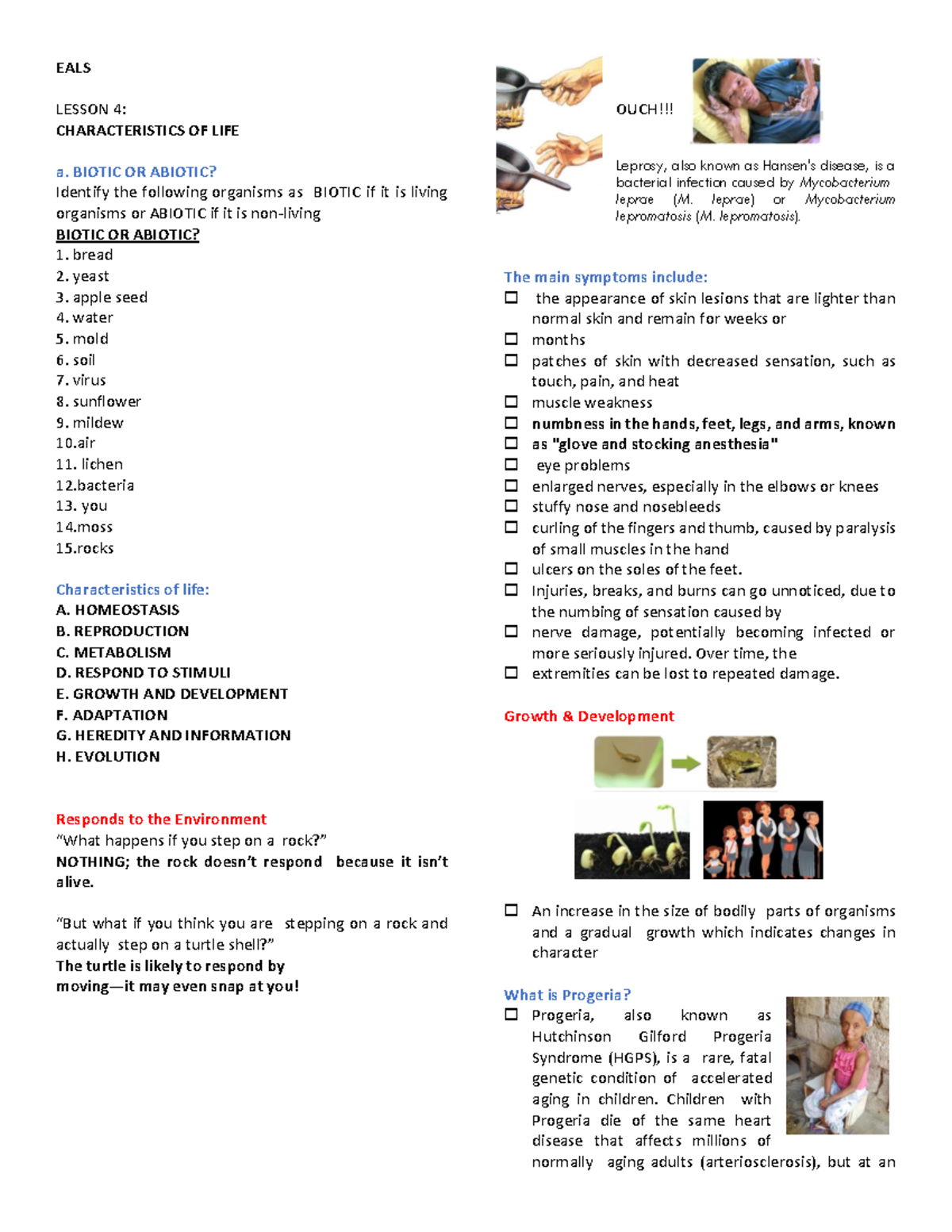 EALS lesson 4 - reviewer only - EALS LESSON 4: CHARACTERISTICS OF LIFE ...