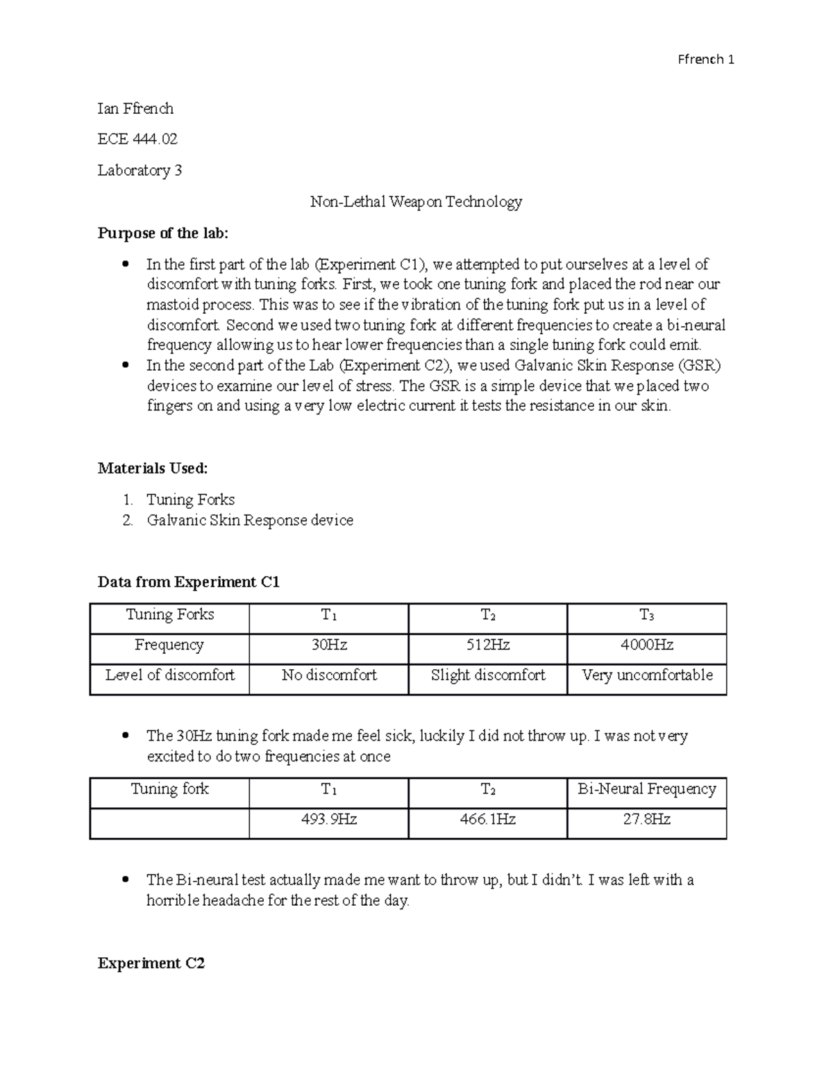 Lab report non-lethal weapons - Ffrench 1 Ian Ffrench ECE 444 ...
