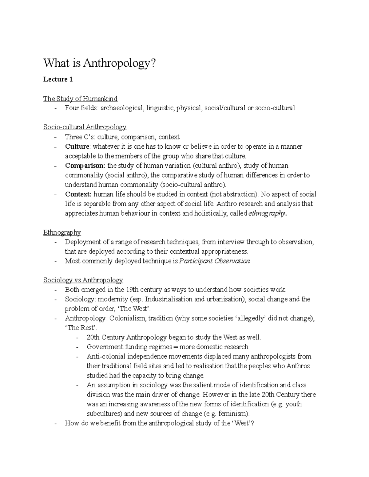 ANTH Week 1 Notes - What is Anthropology? Lecture 1 The Study of ...
