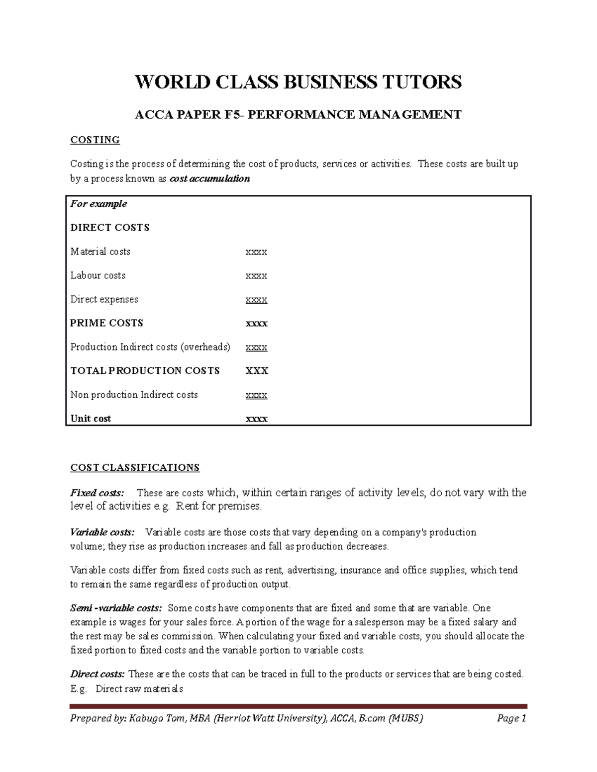 1.2 Costing - WORLD CLASS BUSINESS TUTORS ACCA PAPER F5- PERFORMANCE ...