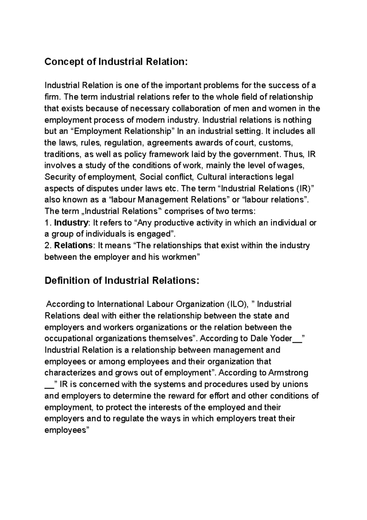 IR unit 1 - IR notes - Concept of Industrial Relation: Industrial ...