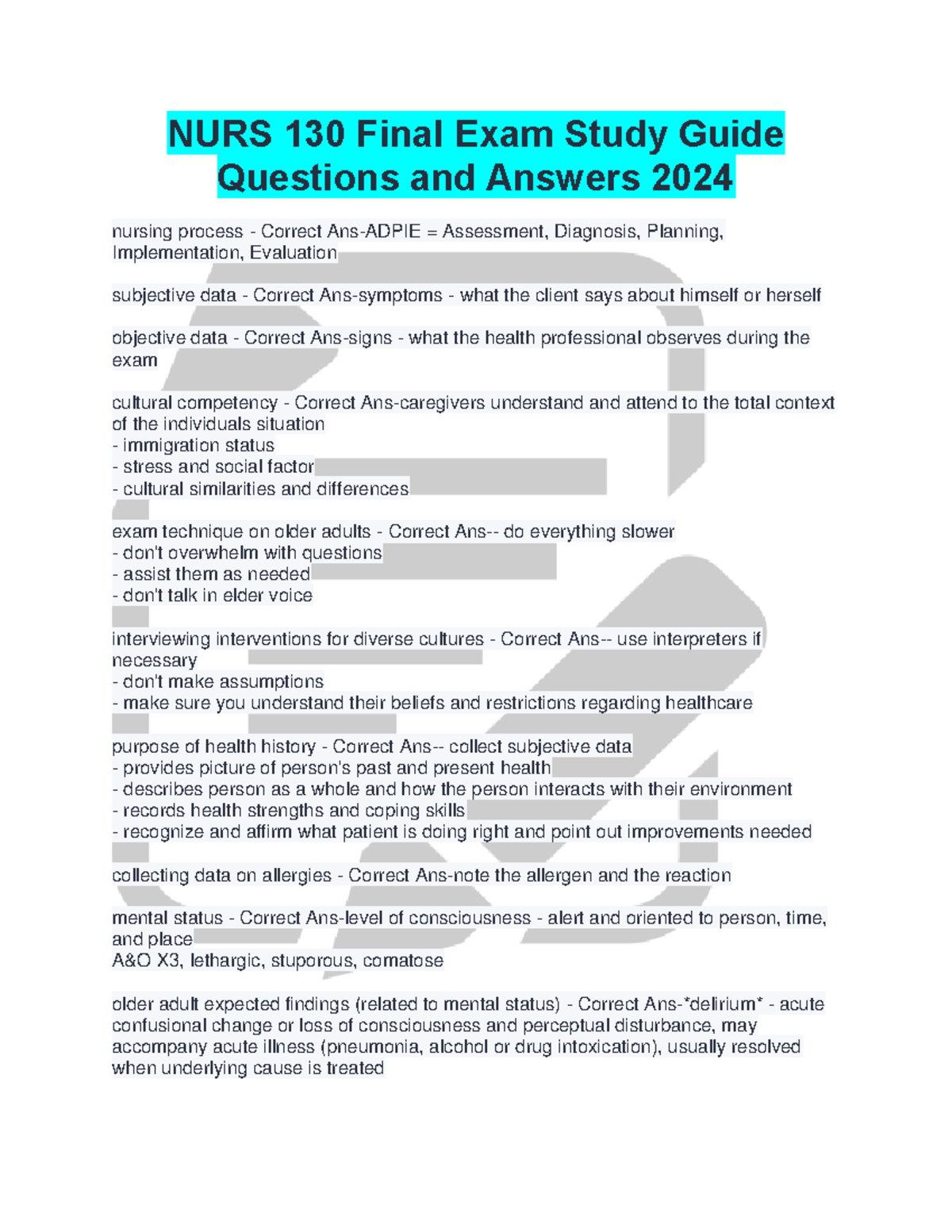 NURS 130 Final Exam Study Guide Questions and Answers 2024 - Studocu