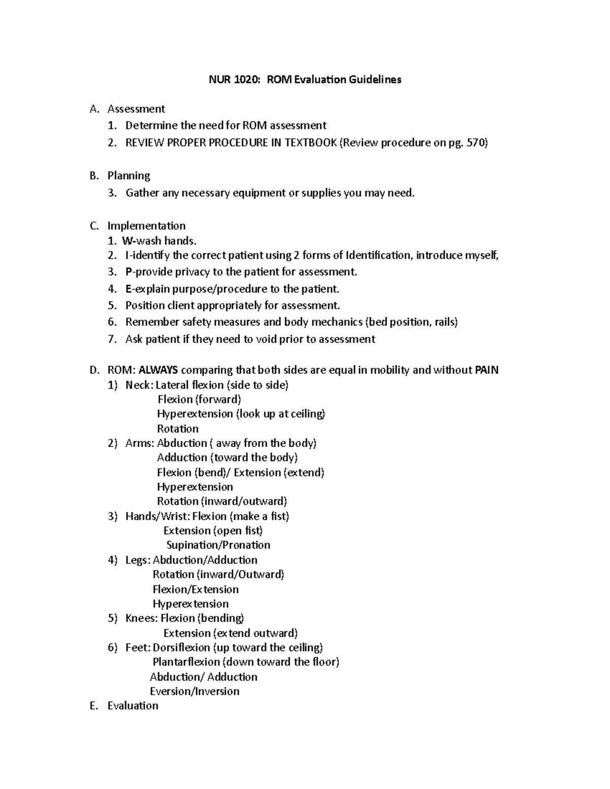 ROM - Range of motion in patients - NUR 1020: ROM Evaluation Guidelines ...
