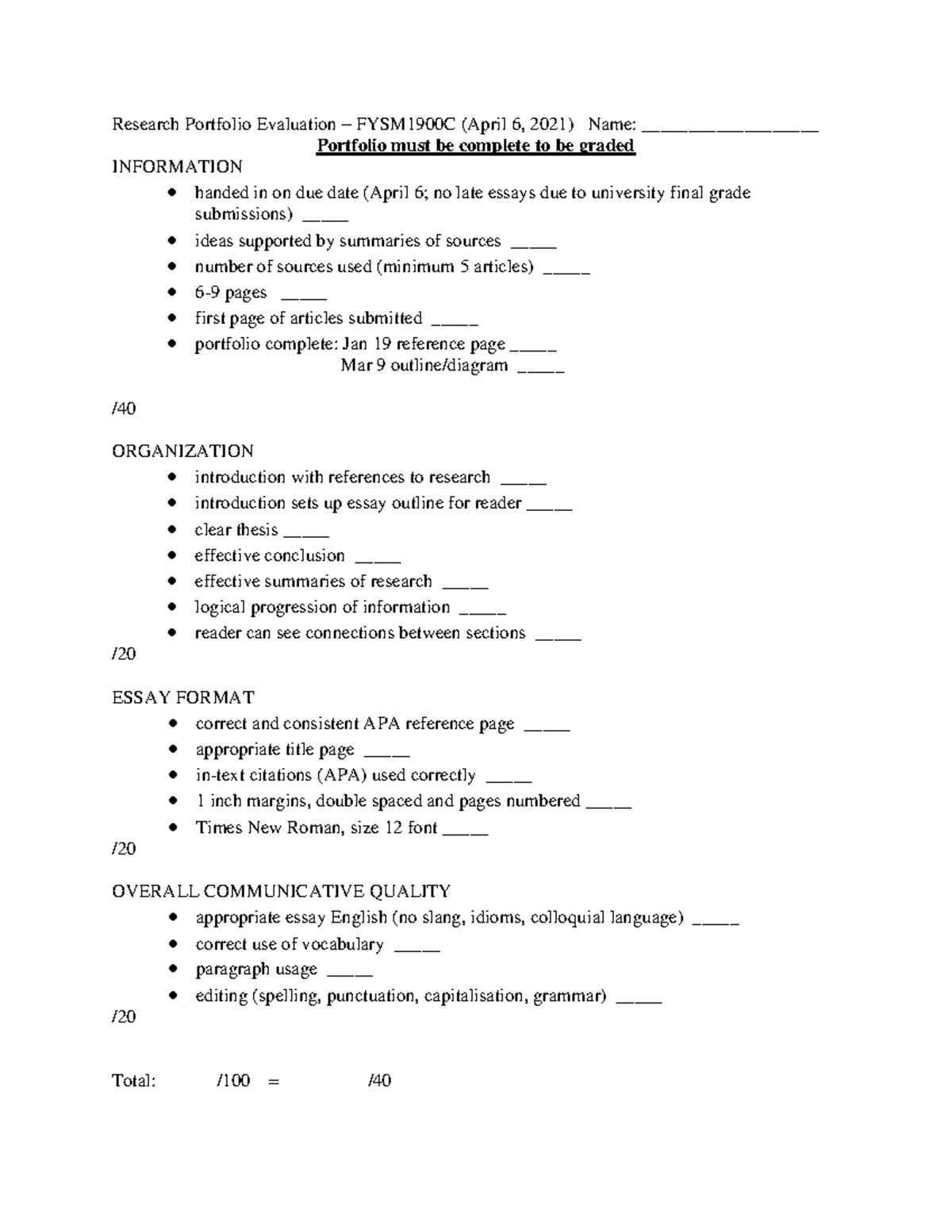 Research essay evaluation sheet C - Research Portfolio Evaluation ...