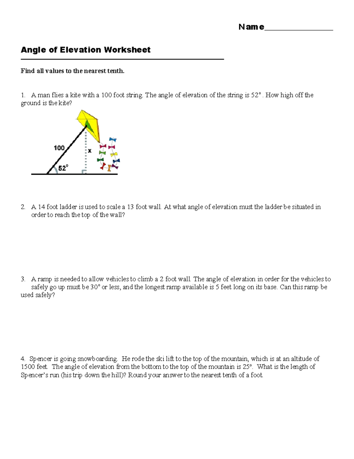 Angle of Elevation WS - Practice - Name_________________ Angle of ...