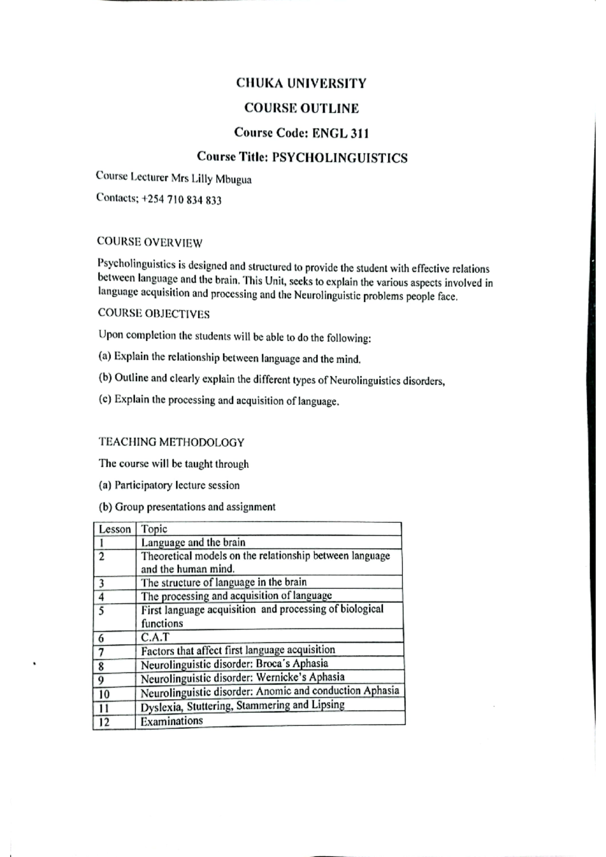 Psycholinguistics course outline - Introduction to Language and ...