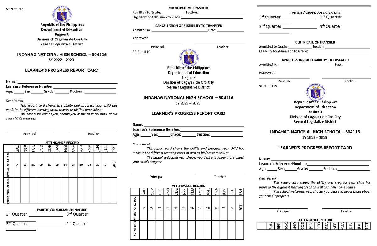 CARD template.LONG size 3pcs - SF 9 – JHS Republic of the Philippines Department of Education ...