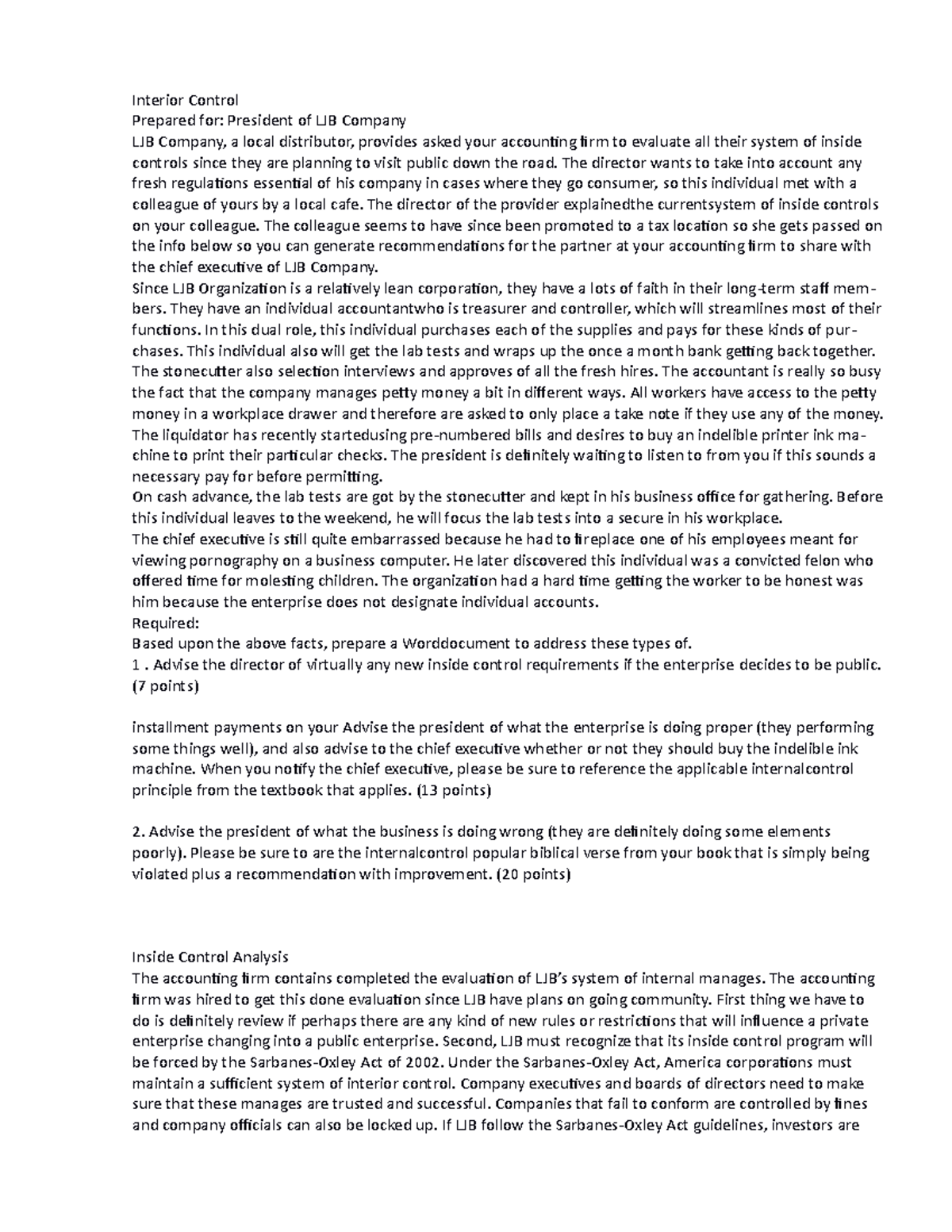Case Study 2 - Internal Control 2 LJB Company 21 - Interior Control ...