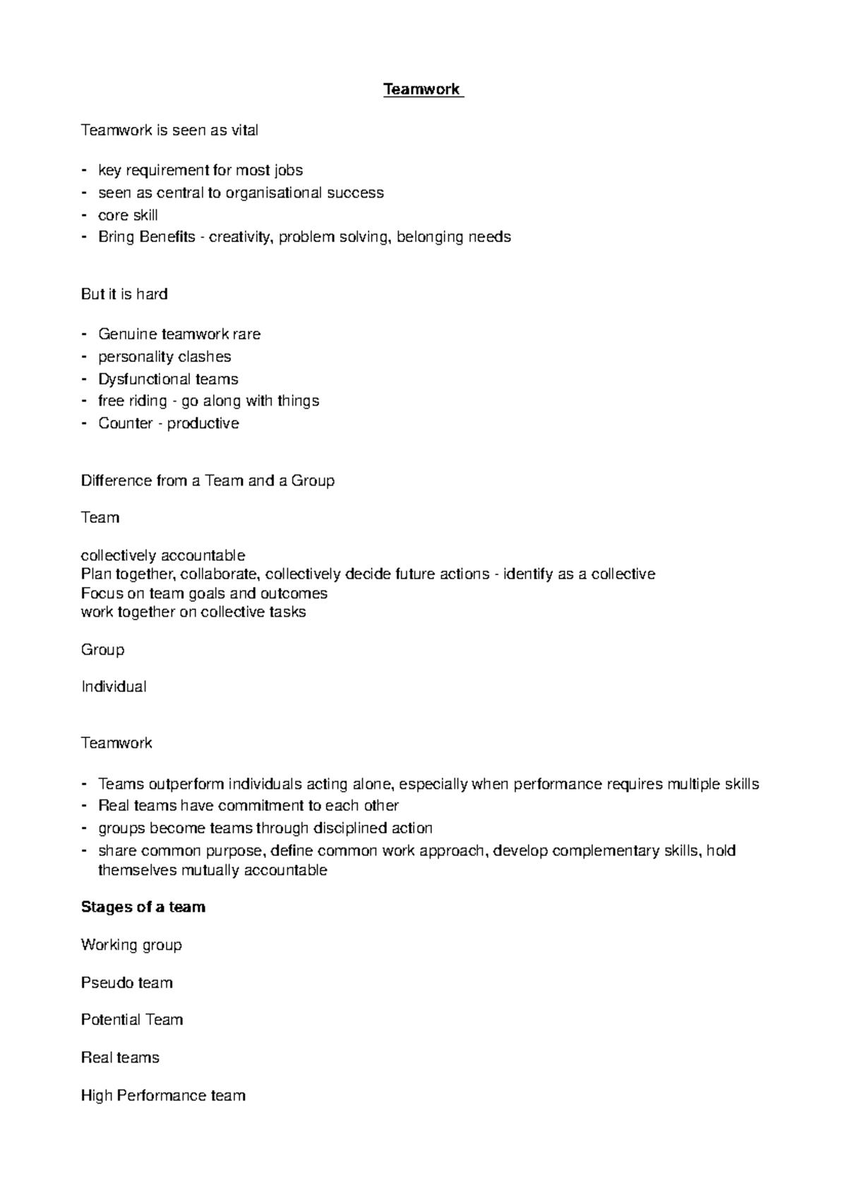 Teamwork - Lecture notes 1 - Teamwork Teamwork is seen as oital - key ...