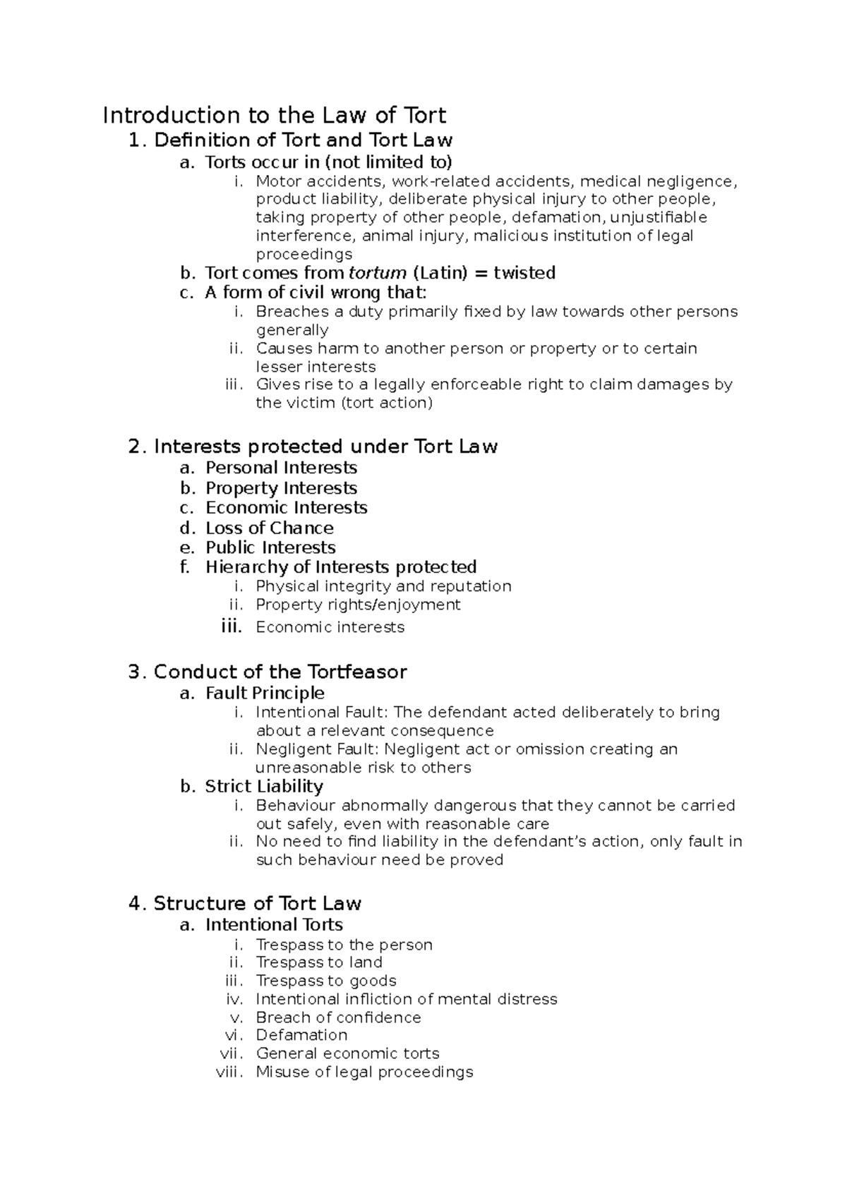 Tort 1 Exam Outline - Introduction to the Law of Tort 1. Definition of ...