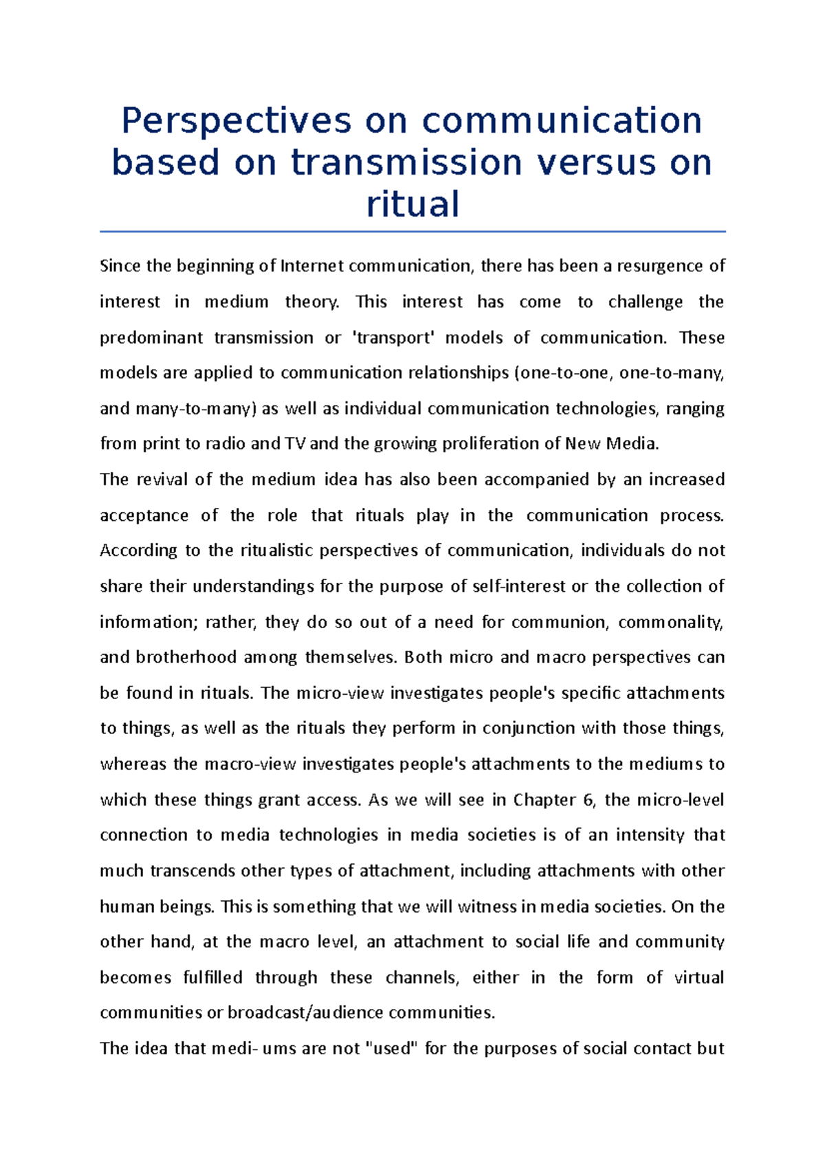 Perspectives on communication based on transmission versus on ritual ...