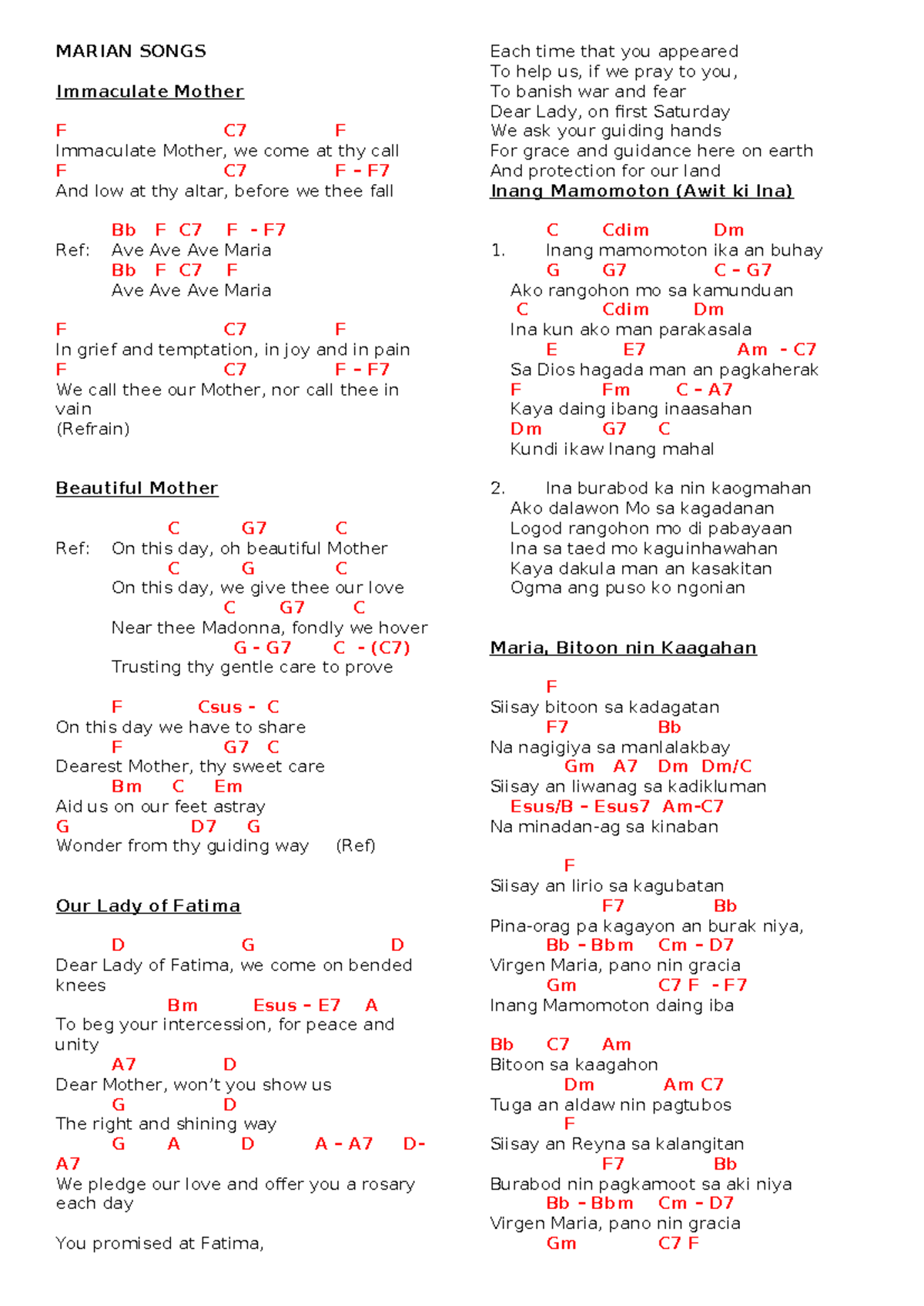 Marian Songs copy - MARIAN SONGS Immaculate Mother F C7 F Immaculate ...