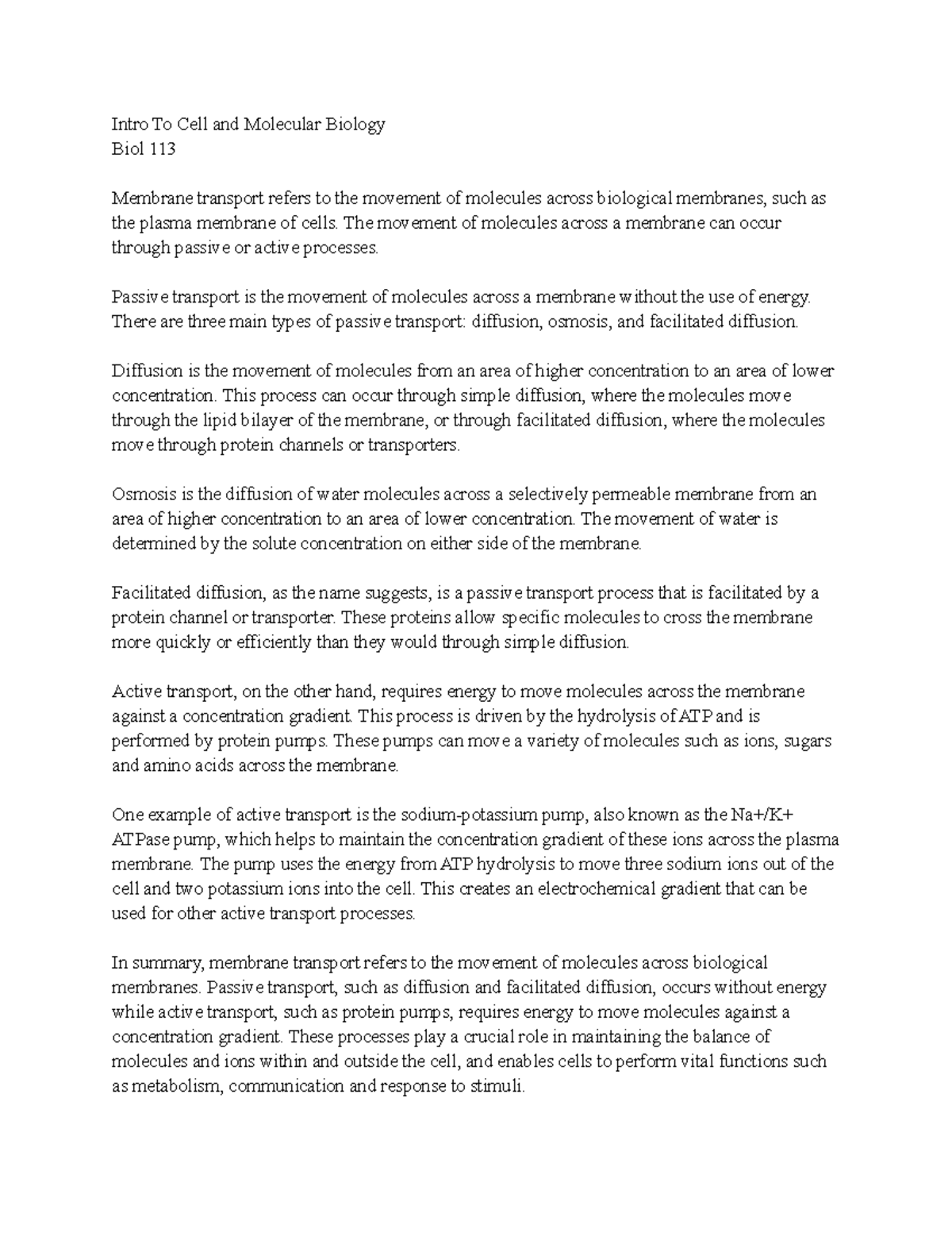 Membrae transportation notes - Intro To Cell and Molecular Biology Biol ...