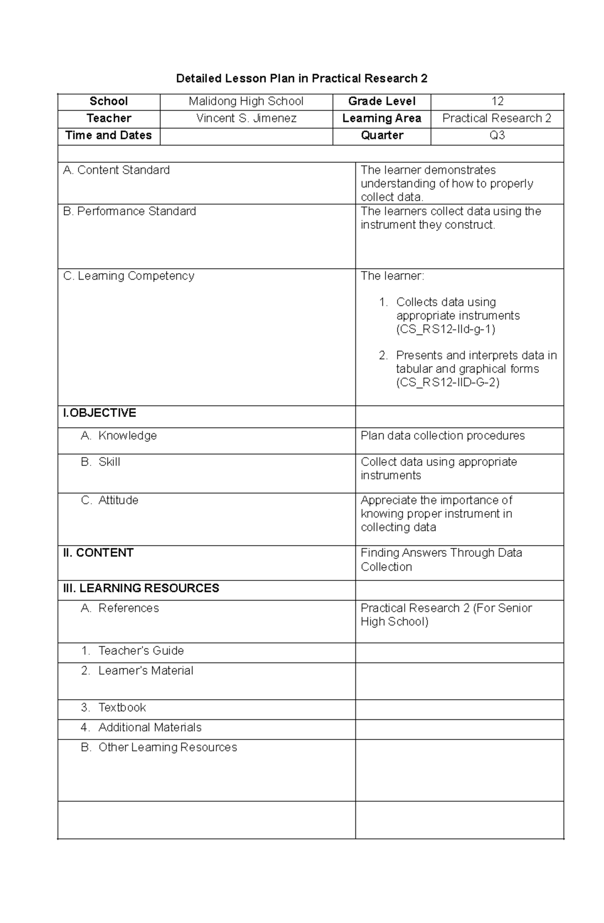 Detailed Lesson Plan in Practical Research 2 - Jimenez Learning Area ...