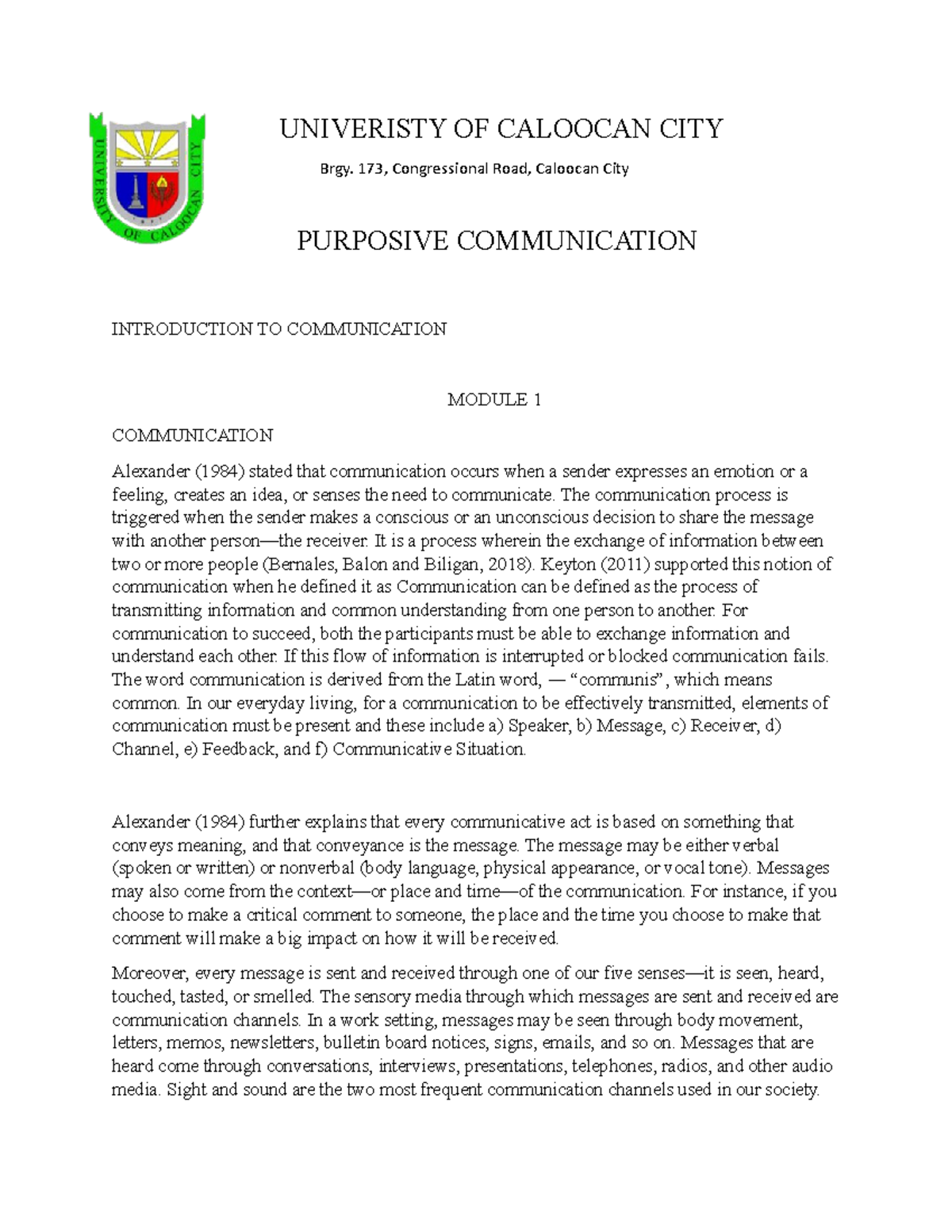 Purposive COMM Module 1 - UNIVERISTY OF CALOOCAN CITY Brgy. 173 ...