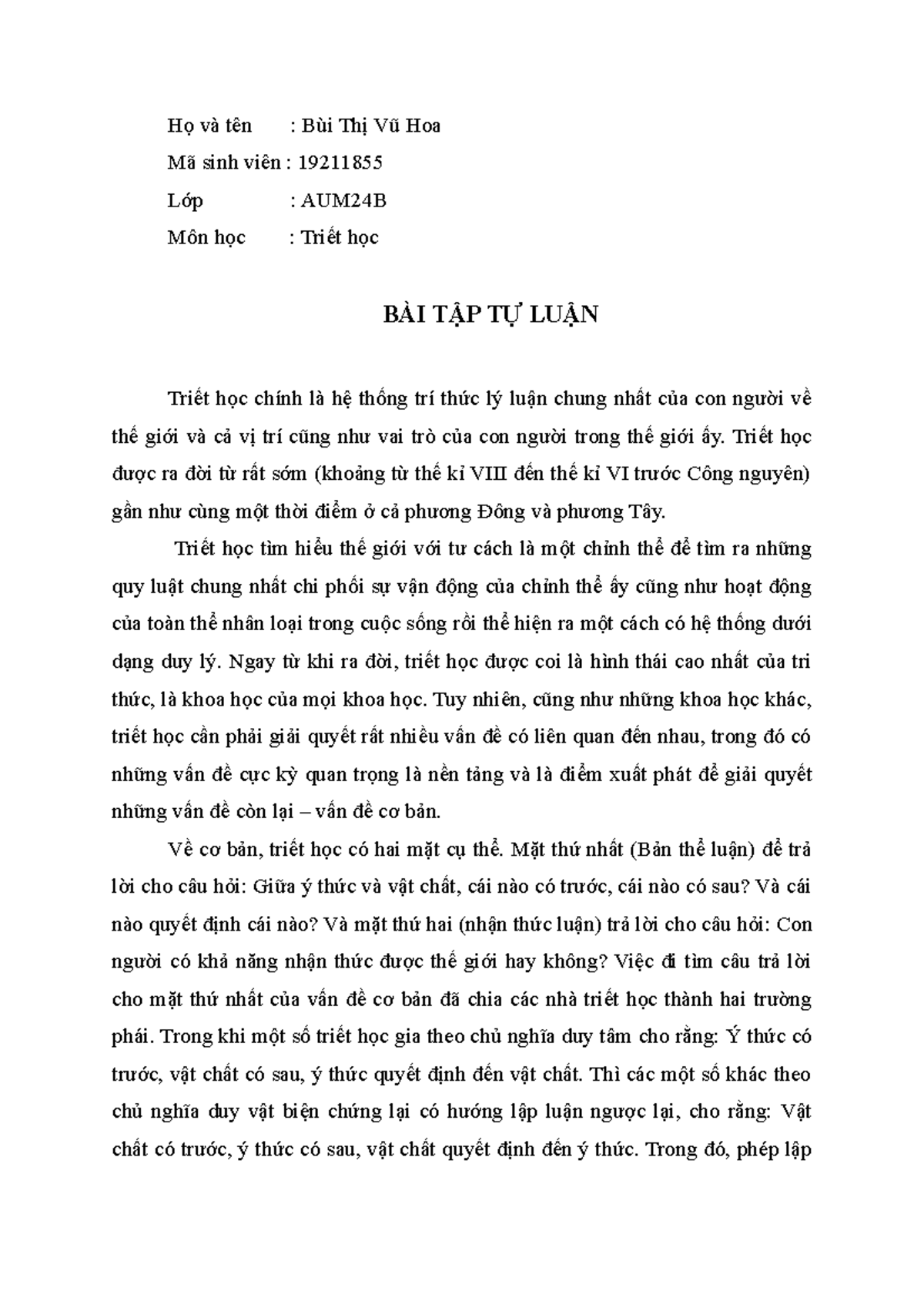 BTTL triết học - dsadbjasdhkashdkahd - Họ và tên : Bùi Thị Vũ Hoa Mã ...