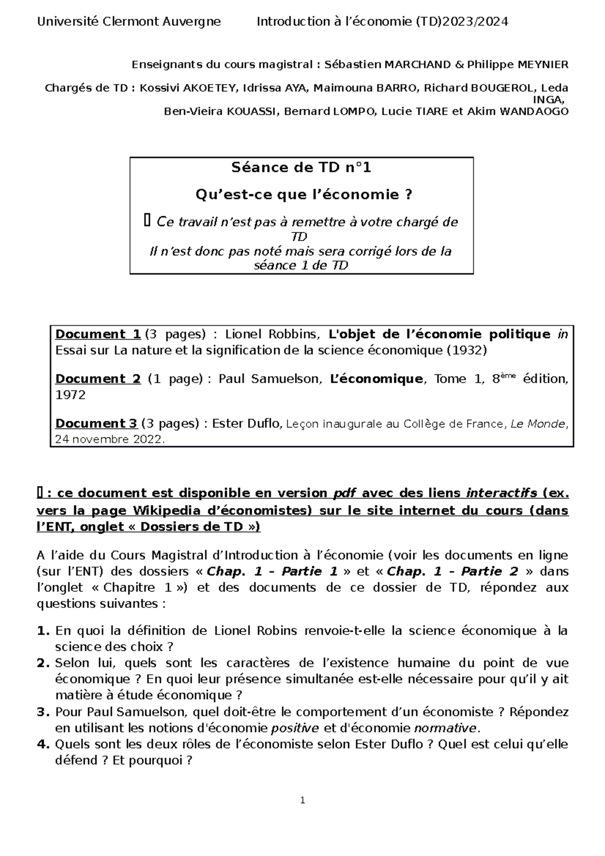 Dossier TD 1 qu est ce que l eco - Enseignants du cours magistral ...