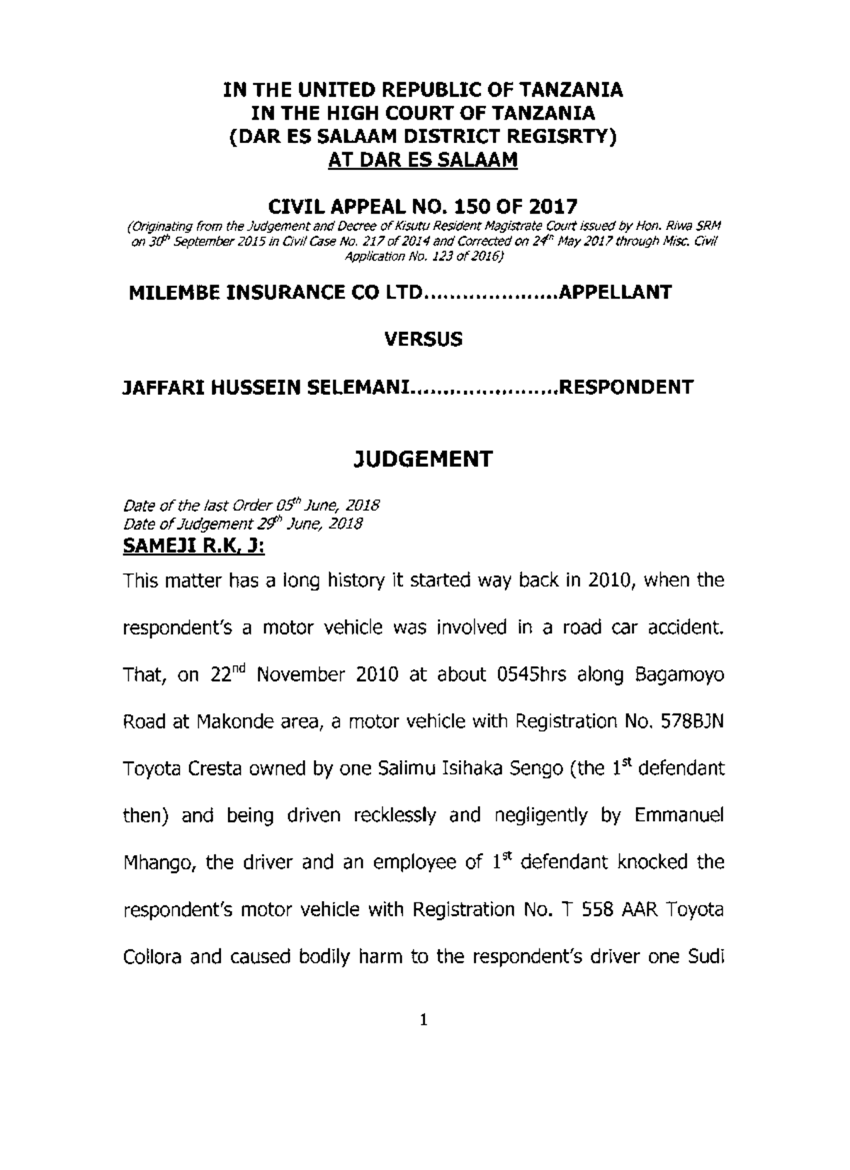 Milembe Insurance Co Ltd vs Jaffari Hussein Selemani (Civil Appeal 150 ...