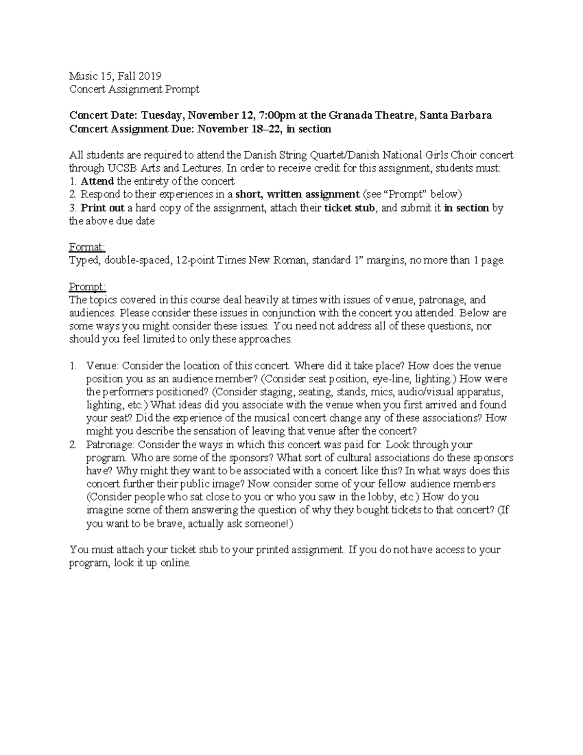 Concert Assignment Prompt - Music 15, Fall 2019 Concert Assignment ...