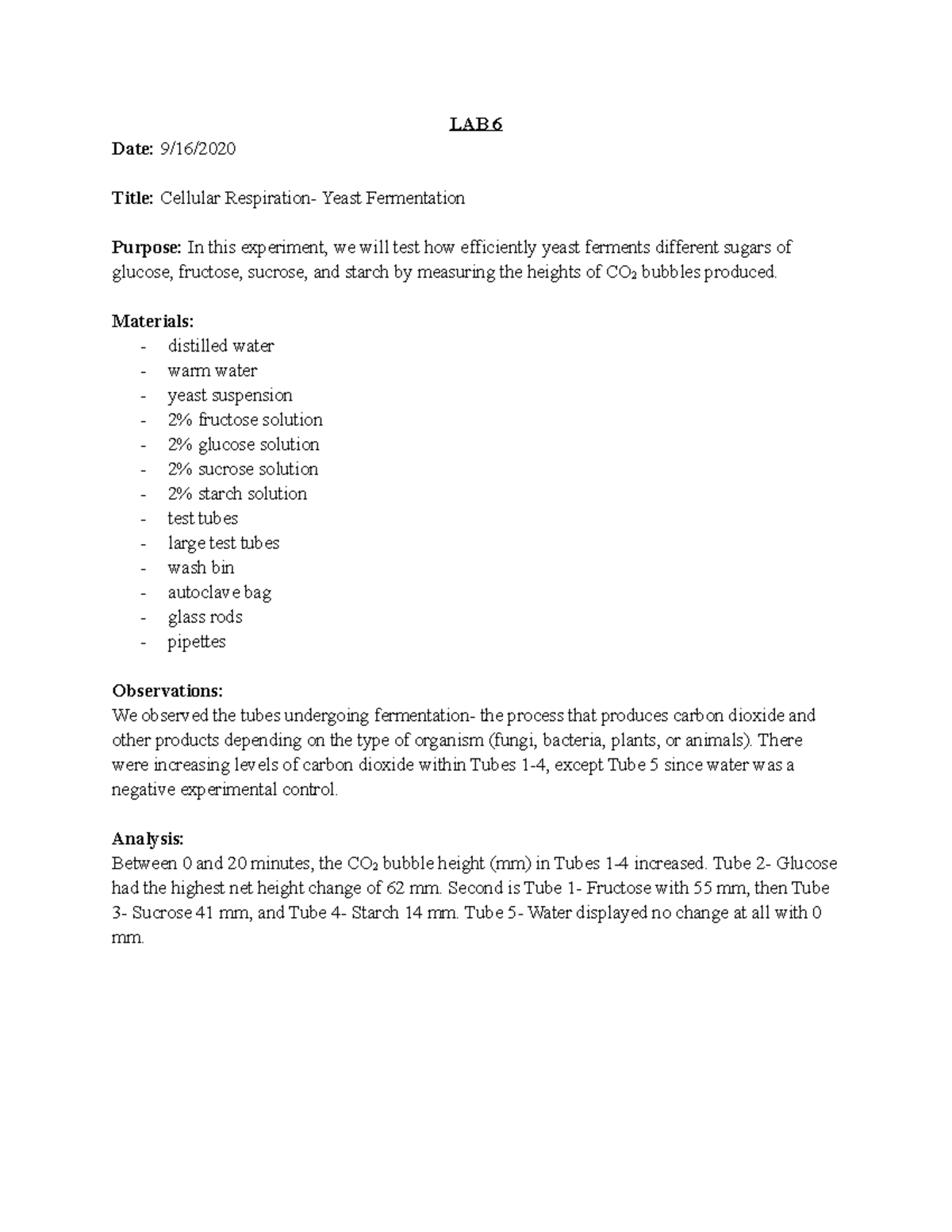 Cellular respiration - yeast fermentation - LAB 6 Date: 9/16/ Title ...