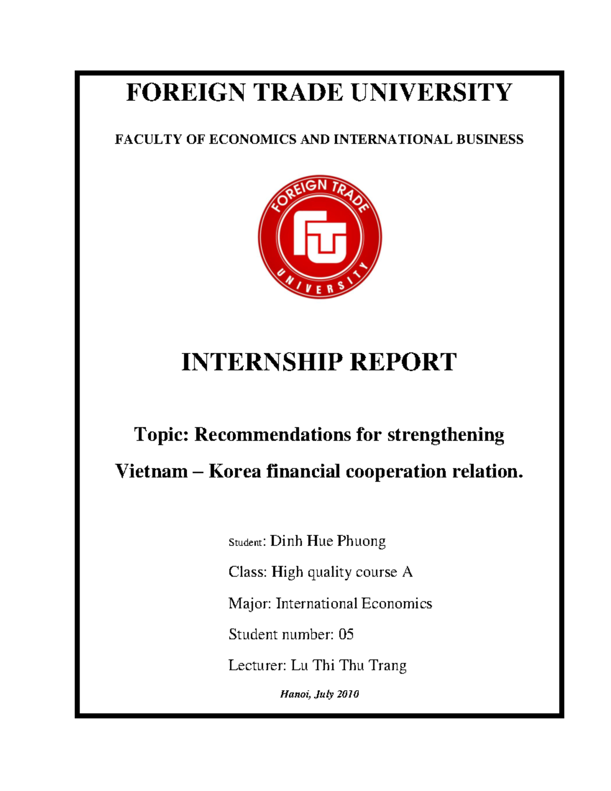 Dinh Hue Phuong - Internship Report - FOREIGN TRADE UNIVERSITY FACULTY ...