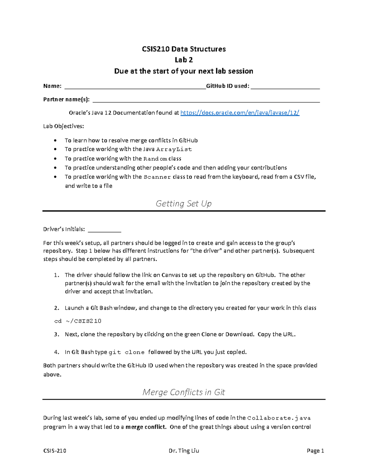 CSIS210LAB2 - lab 2 materials - CSIS210 Data Structures Lab 2 Due at ...